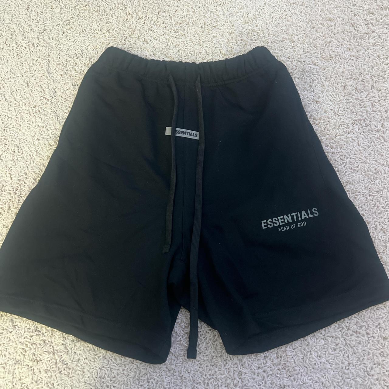 black reflective essentials fear of god shorts brand... | Depop