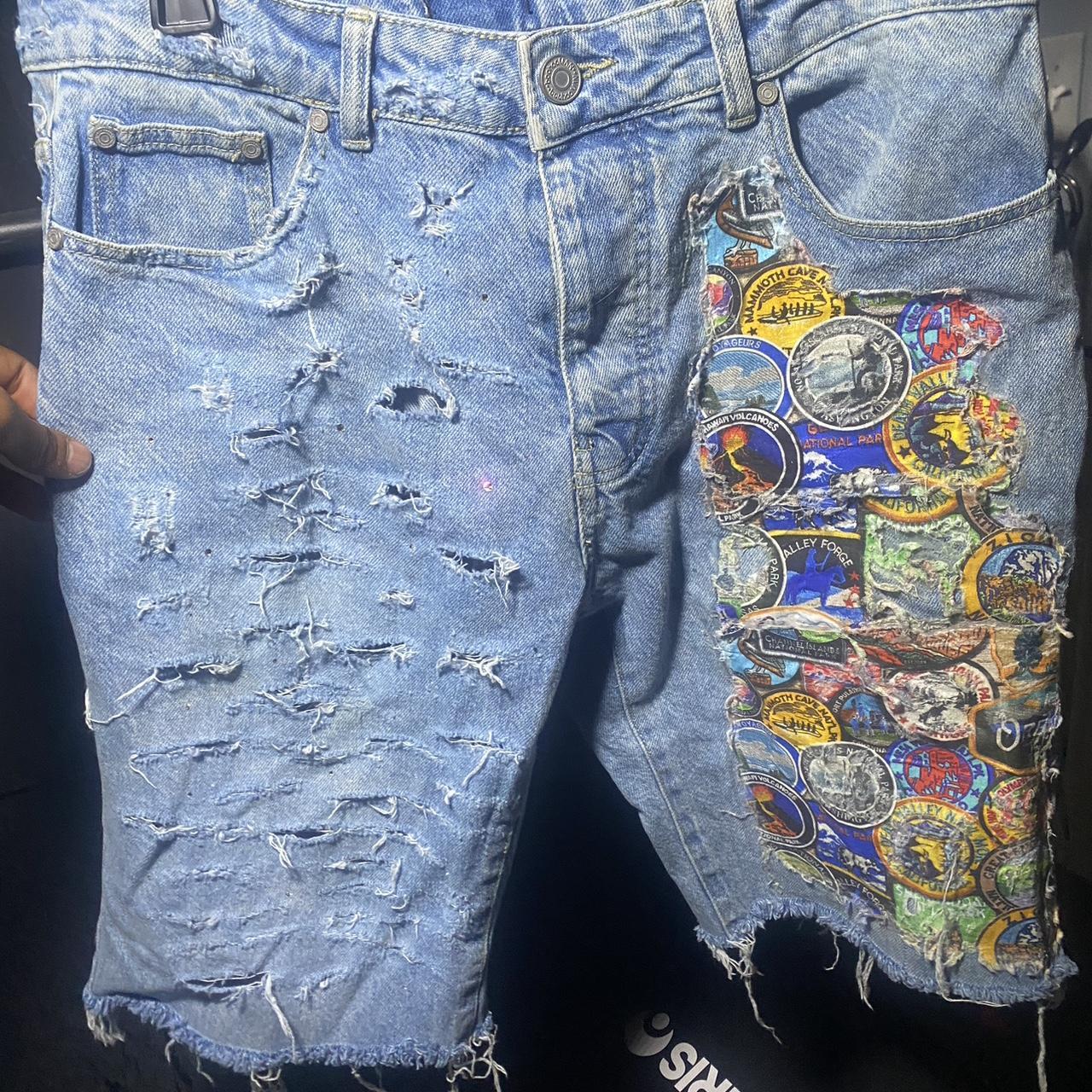 Custom 1of1 jorts distress design with patch work... | Depop