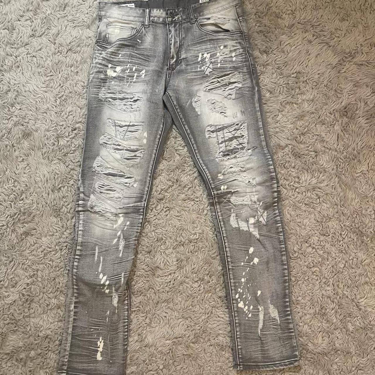 Smoke rise grey denim ripped jeans Size 34/34 - Depop