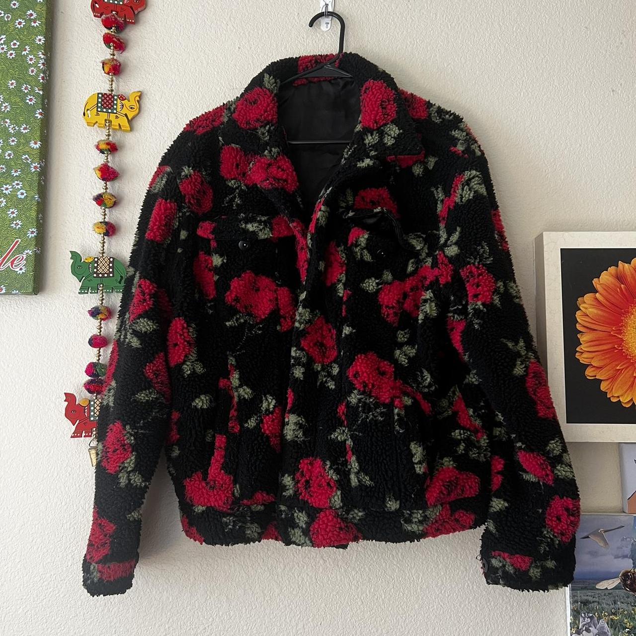 rose printed button up coat, worn once no tags so... - Depop
