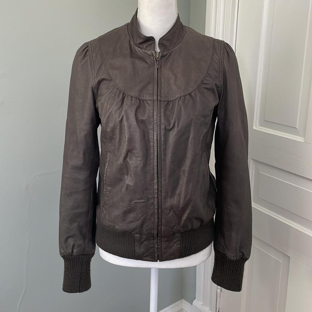 Kookai brown leather bomber jacket EUC some pilling... - Depop