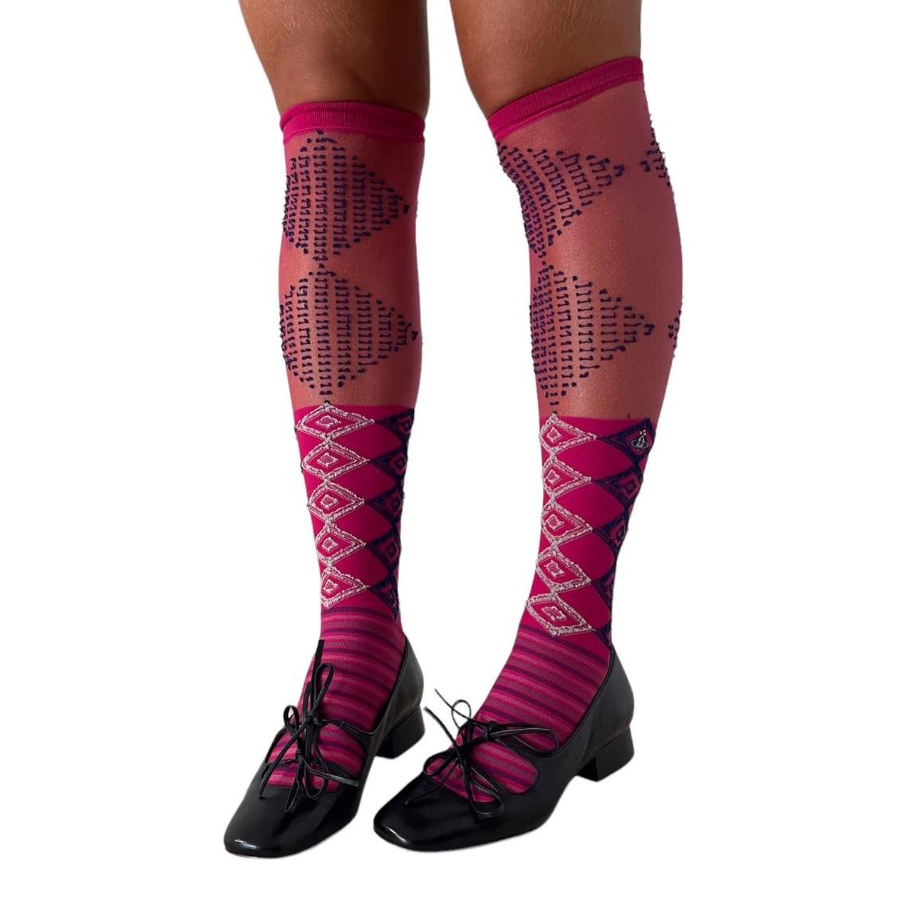 Vivienne Westwood preppy pink argyle high socks Pink... - Depop