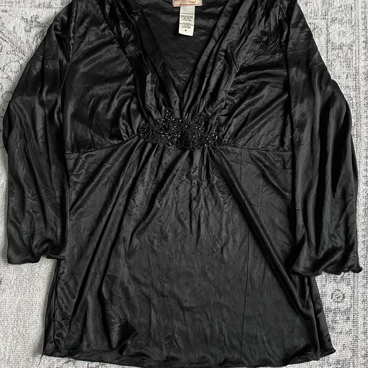 Silk black vintage V cut collar 3/4 long sleeve with... - Depop