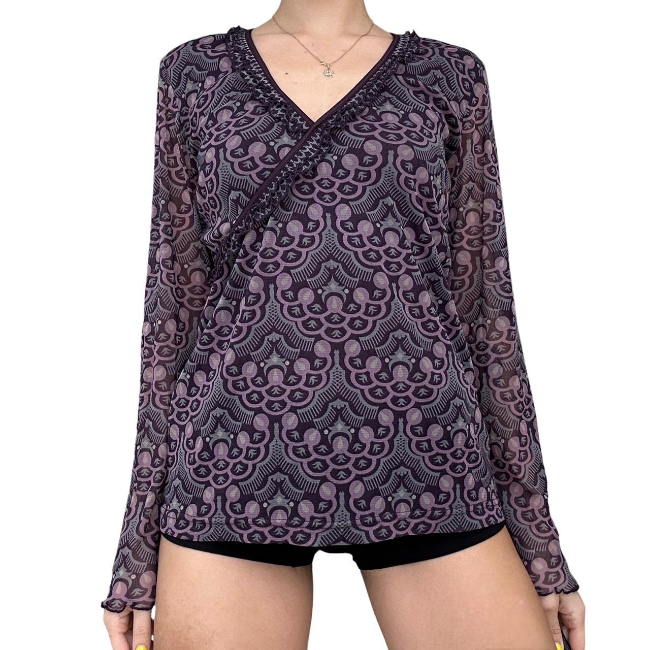 Y2k mesh long sleeve top ruffled barbiecore purple... - Depop