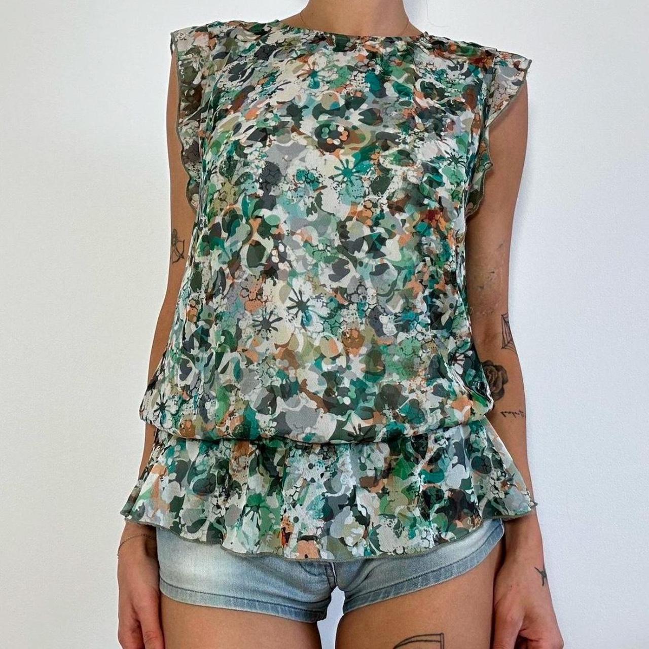 Y2K babydoll top 2000s cap sleeve abstract floral... | Depop