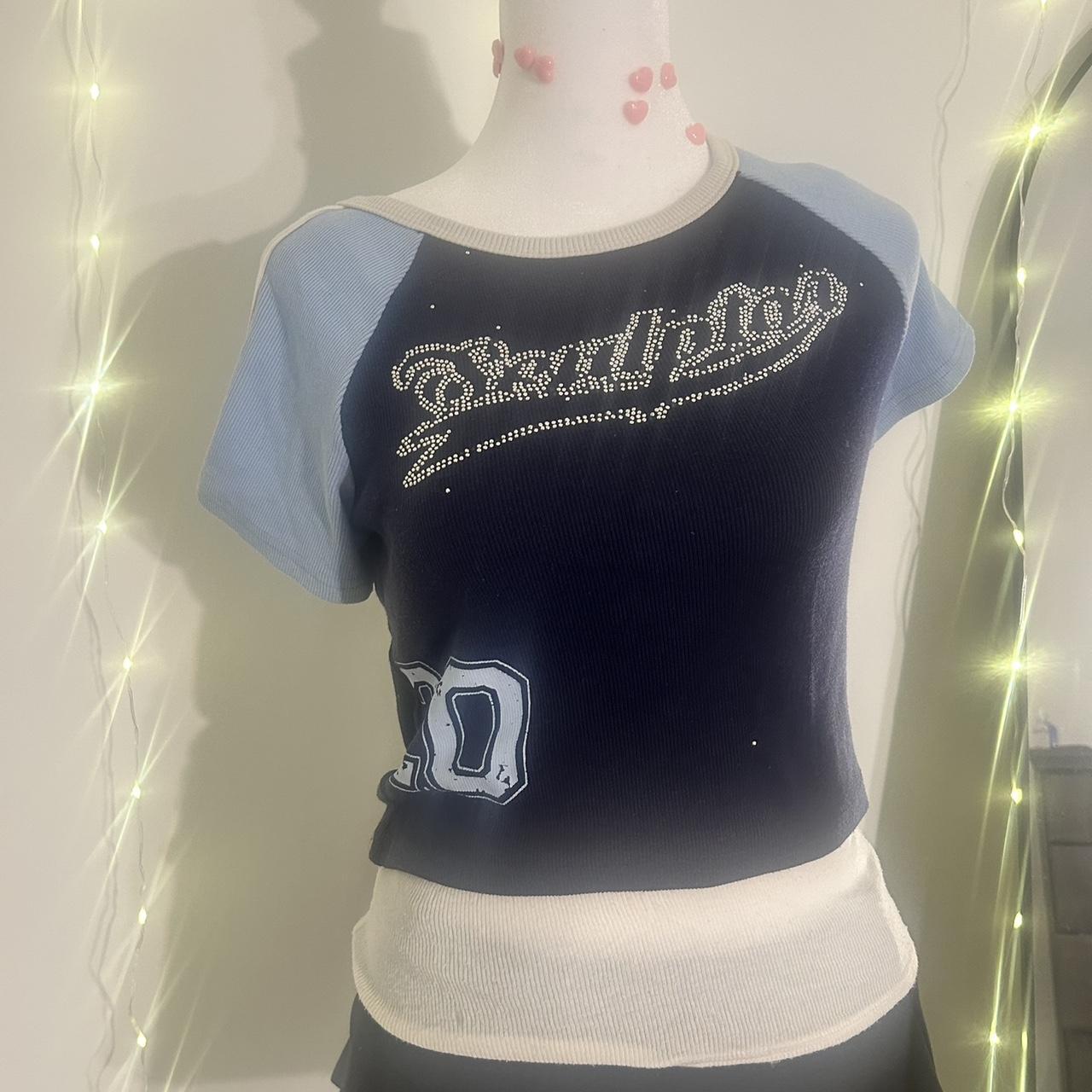 navy and blue bedazzled tee #baseballtee -yesstyle - Depop