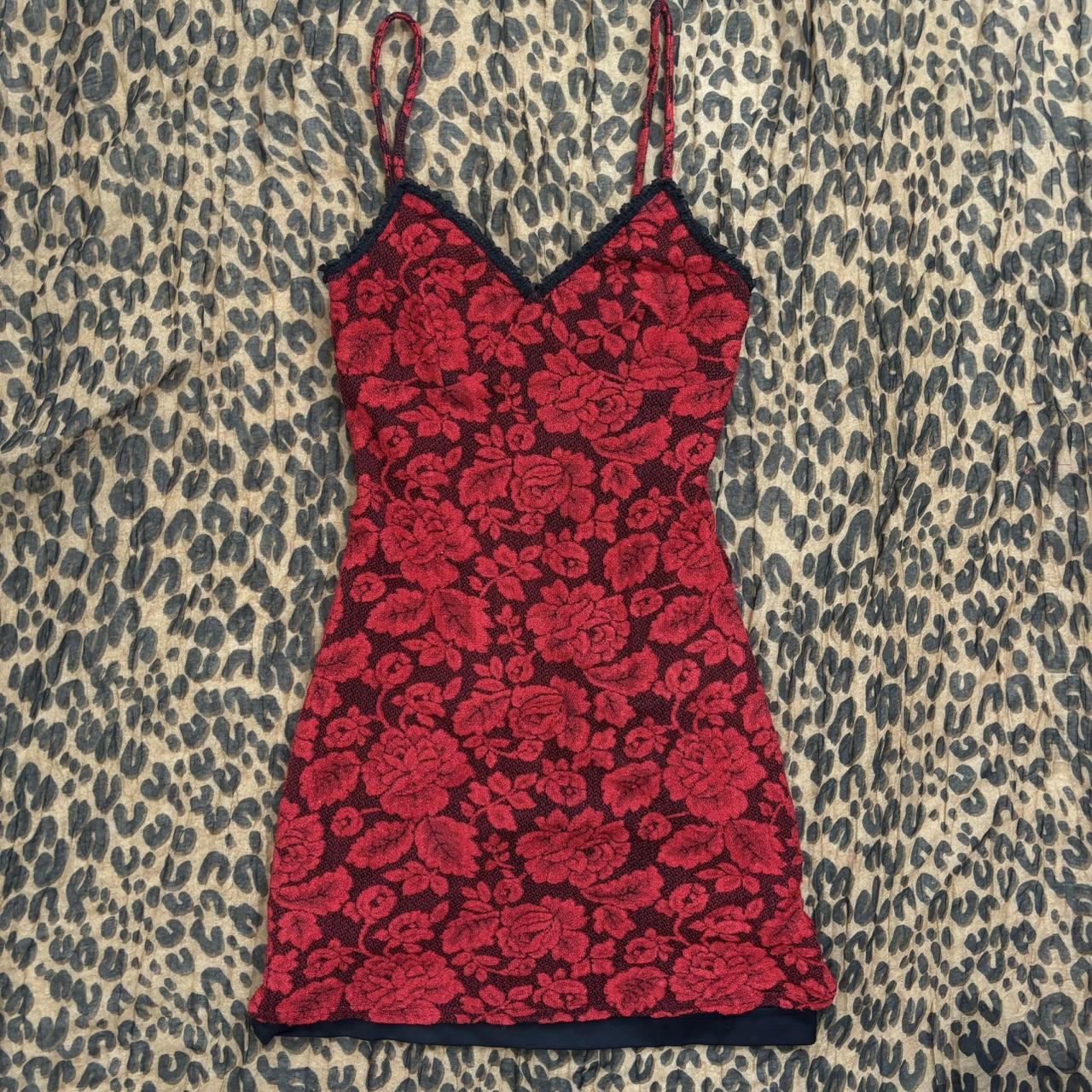 grunge/gothic red y2k rose pattern mini dress size... - Depop