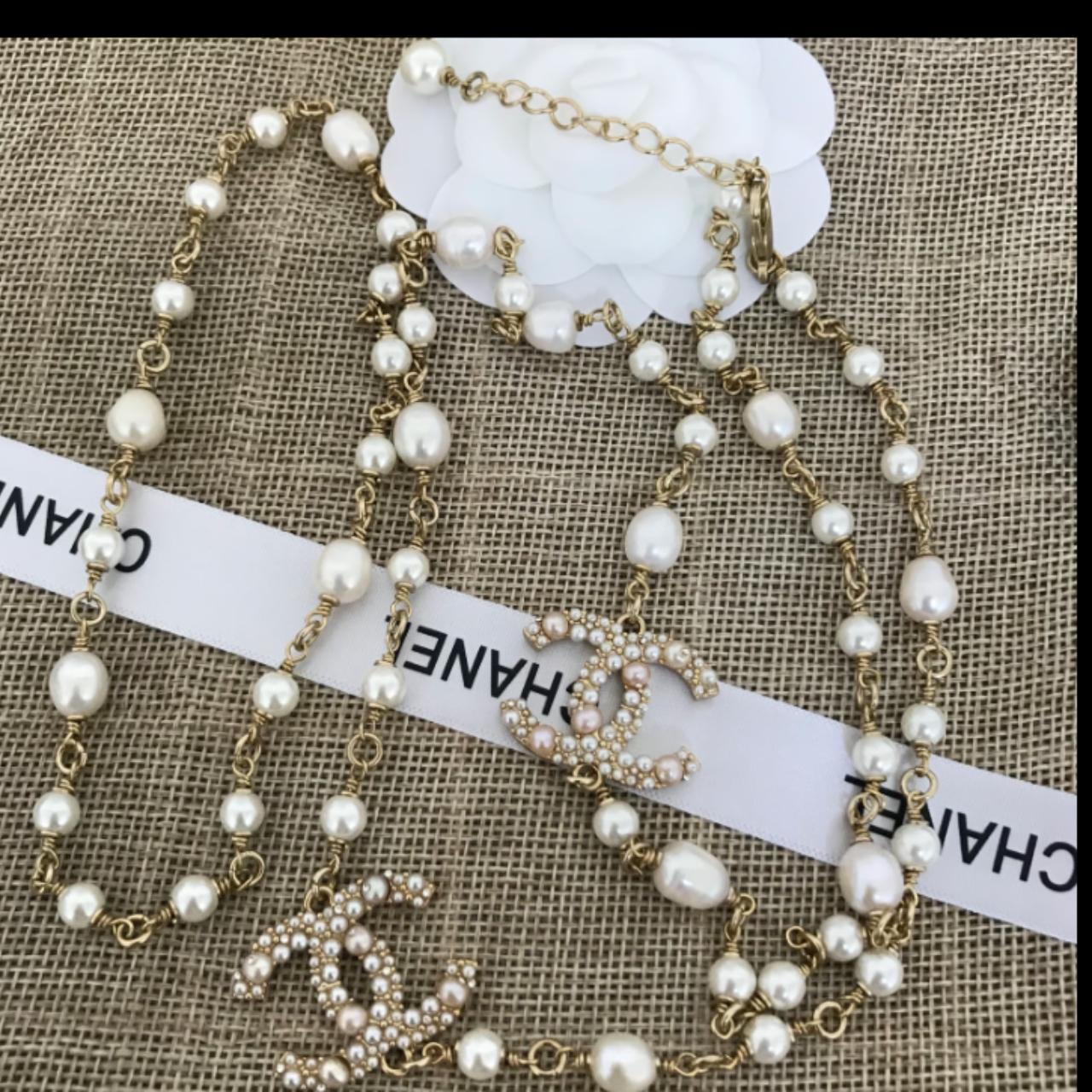 CC Necklace HANEL CC GOLD, CRYSTAL & PEARL LONG... - Depop