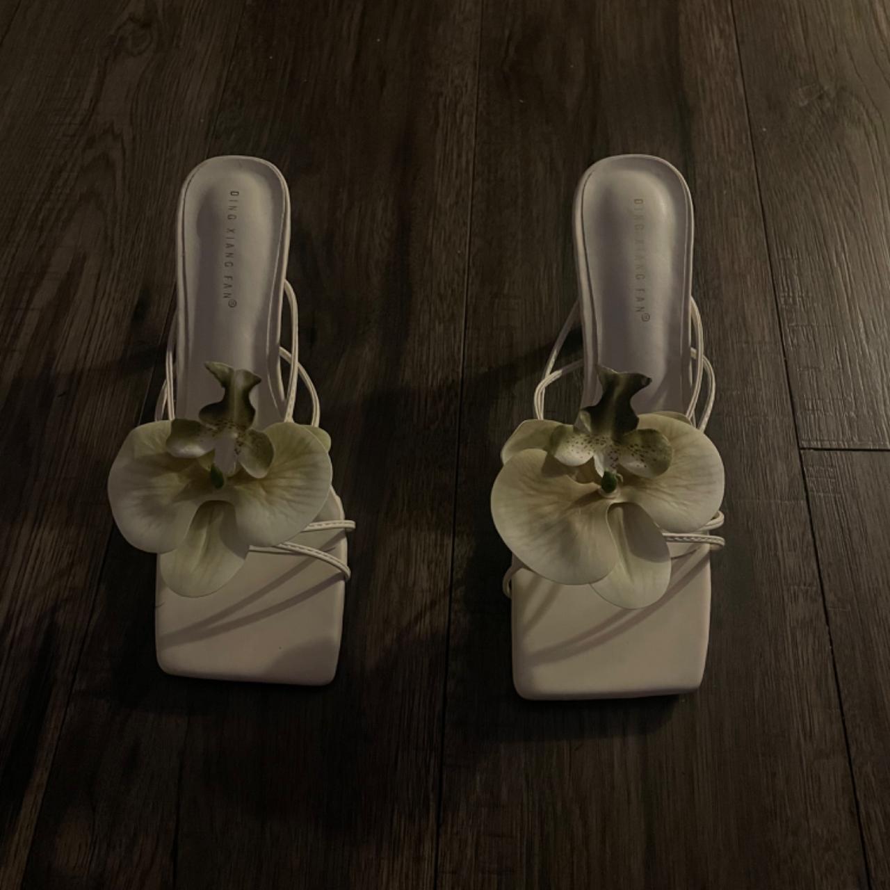Pale white green handmade orchid flower sandal heels... - Depop