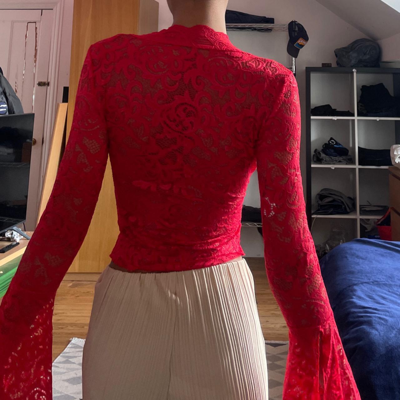 Pretty V neck long sleeve red lace sheer top 🧚🏽‍♂️ With... - Depop