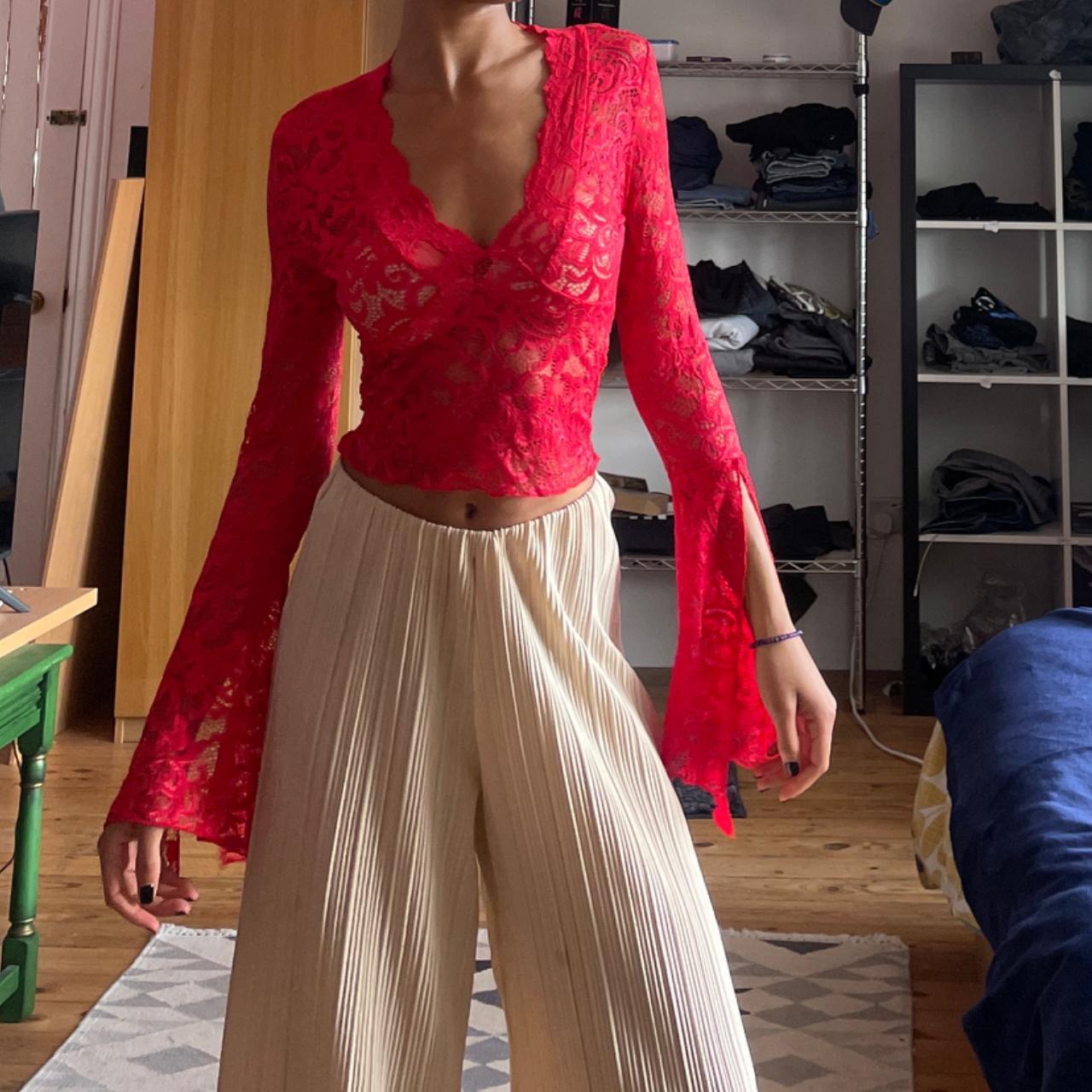 Pretty V neck long sleeve red lace sheer top 🧚🏽‍♂️ With... - Depop