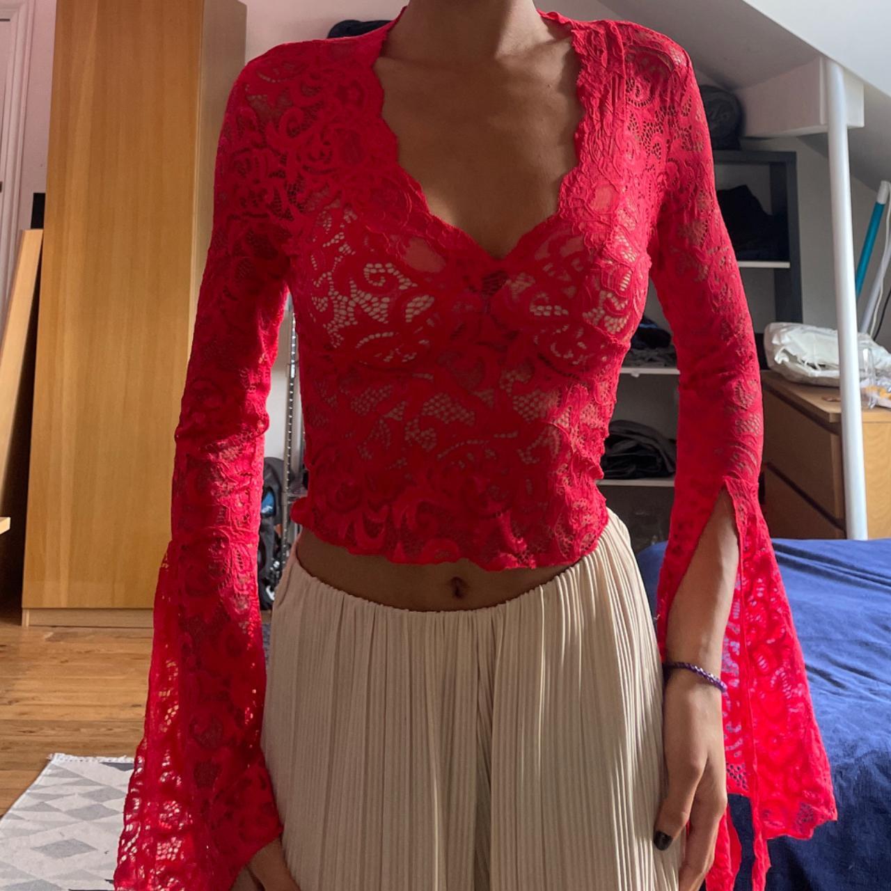 Pretty V neck long sleeve red lace sheer top 🧚🏽‍♂️ With... - Depop
