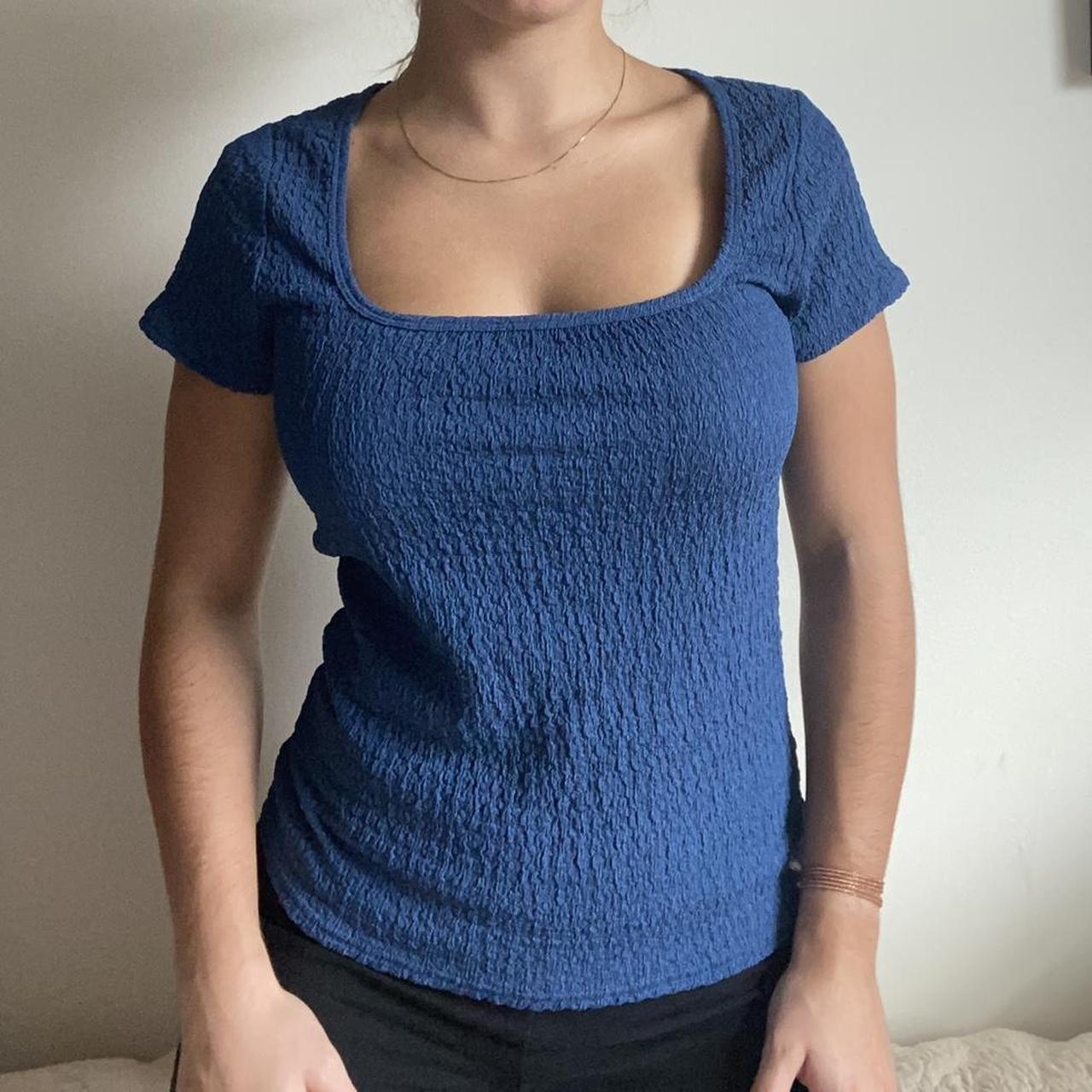 blue square neck top - very flattering and... - Depop