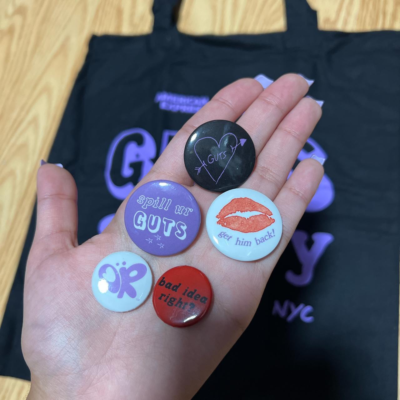 olivia rodrigo guts tote bag and set of 5 pins - Depop