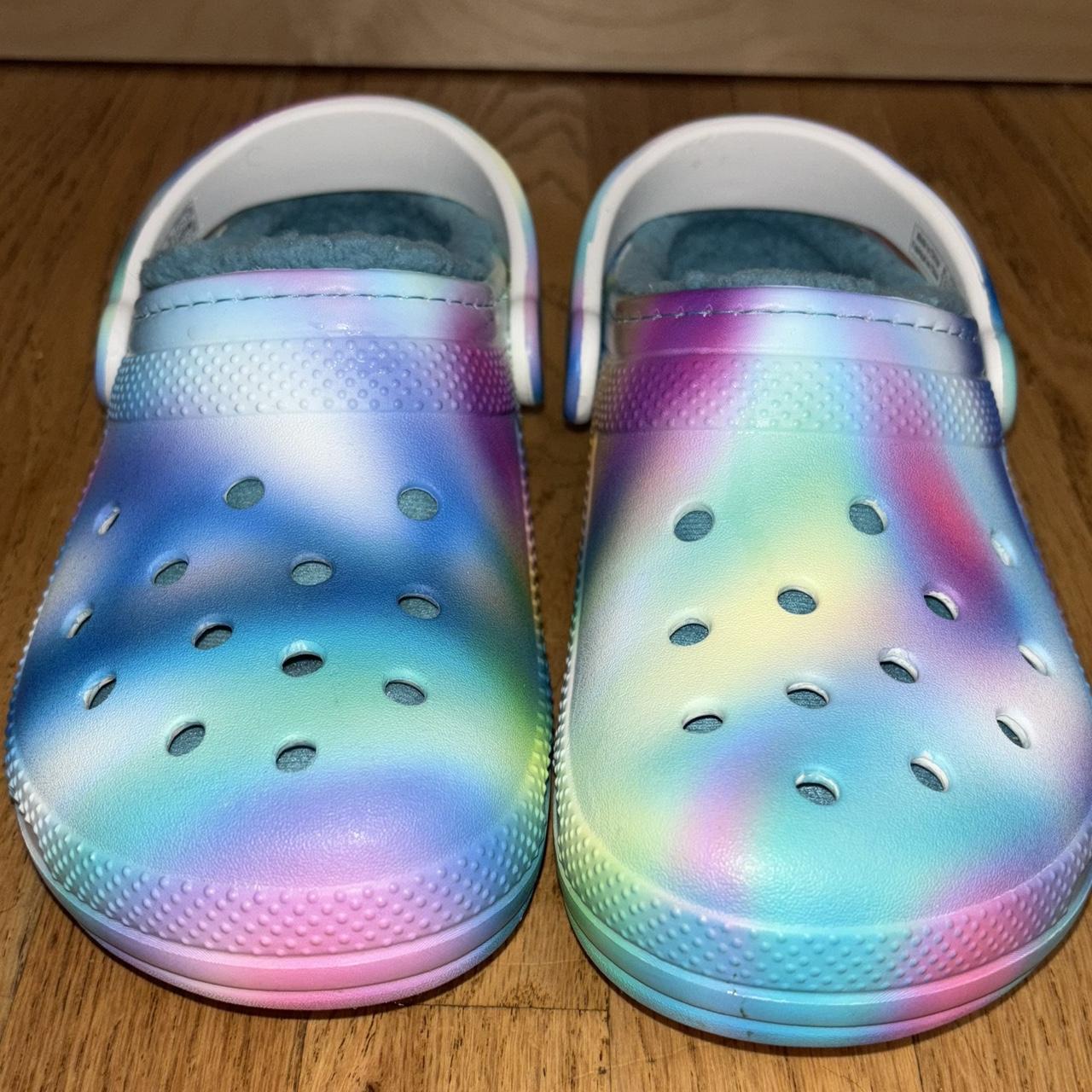 Pastel Solar Rainbow fur lined Crocs. Blue fur... - Depop