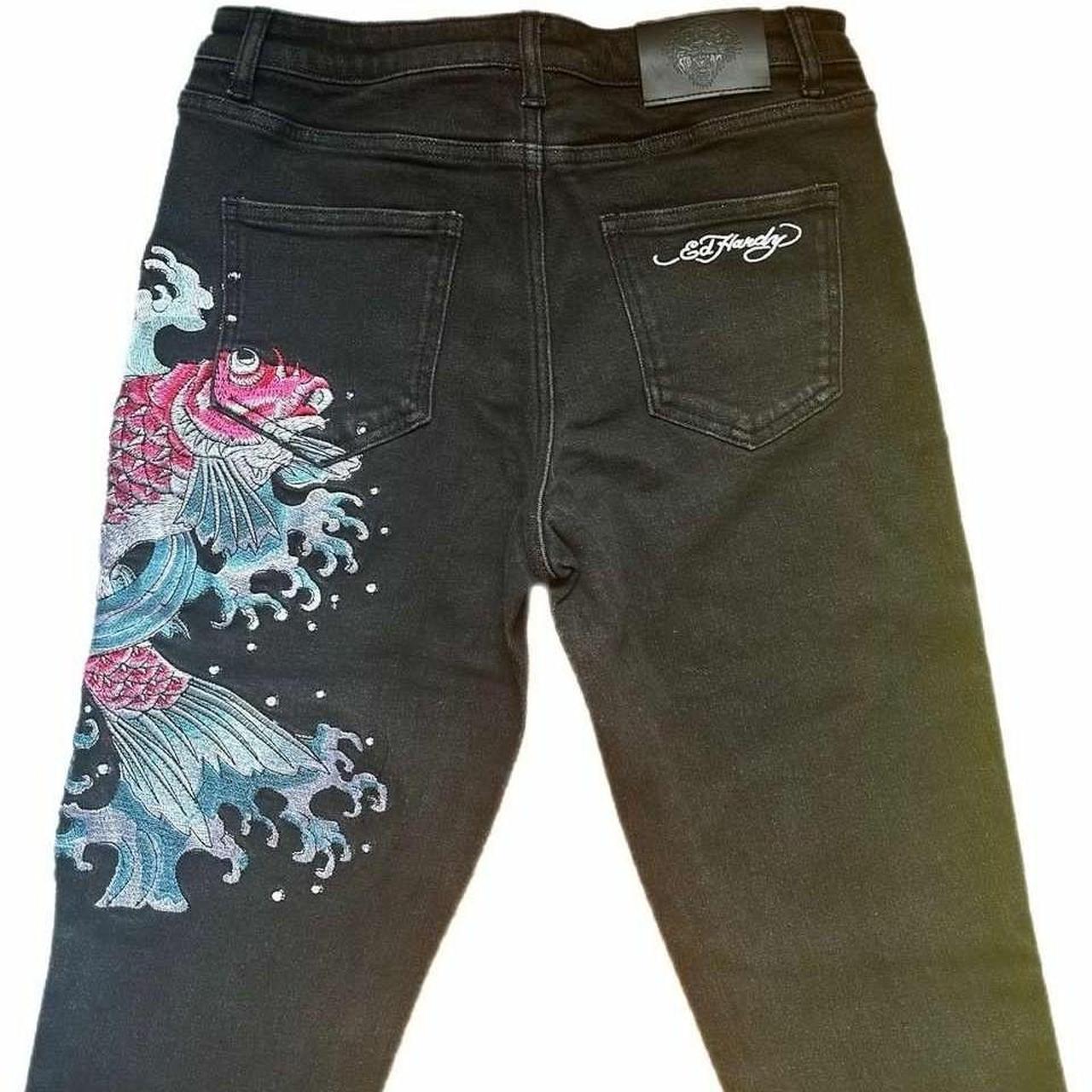 Ed Hardy women's koi fishing bootleg fit denim... - Depop