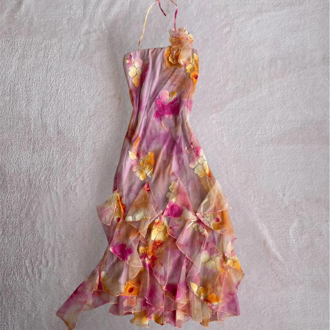 Halter neck rosette detail square neckline ruffled... - Depop