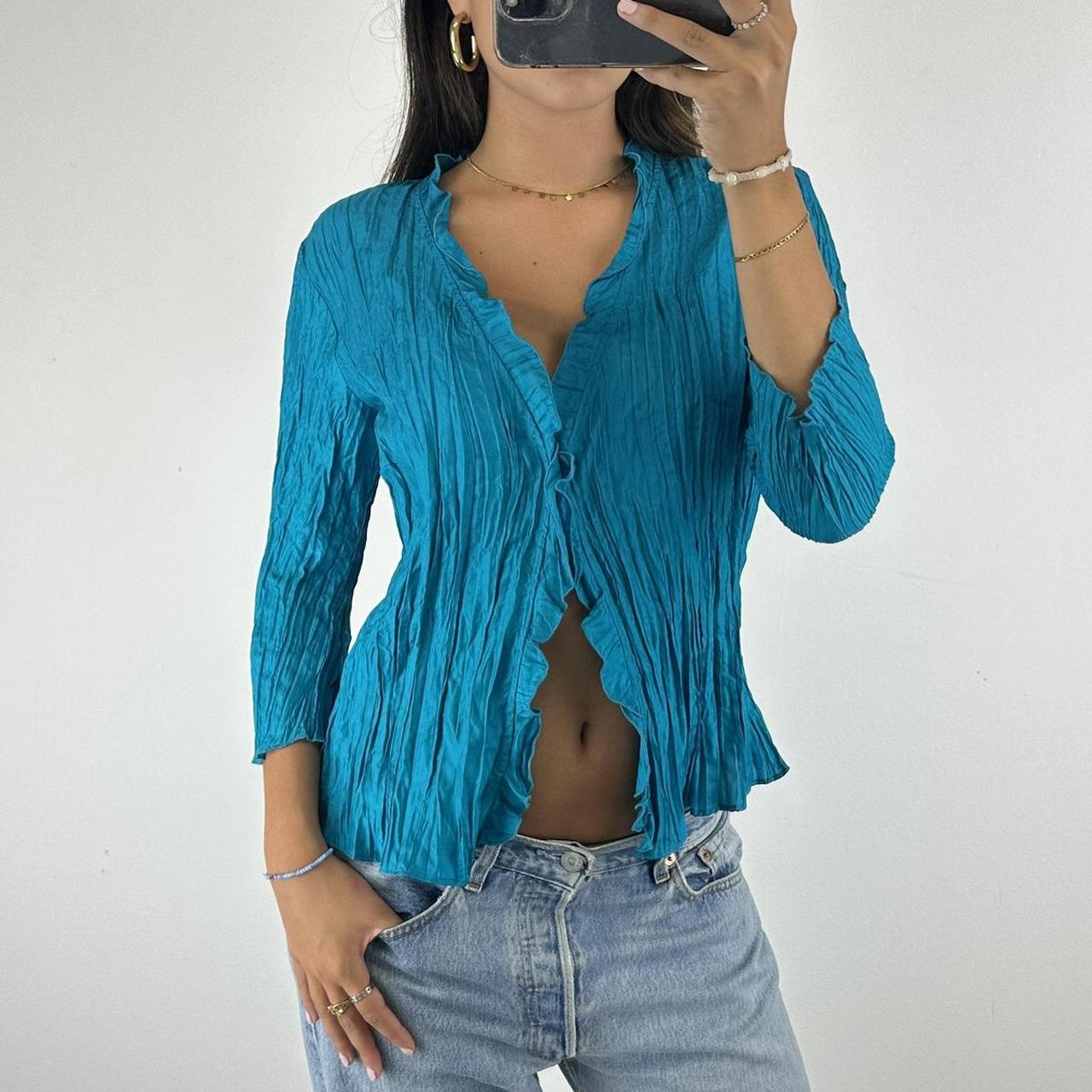 Vintage blue ruffle shirt Model is size 6 5”6... - Depop