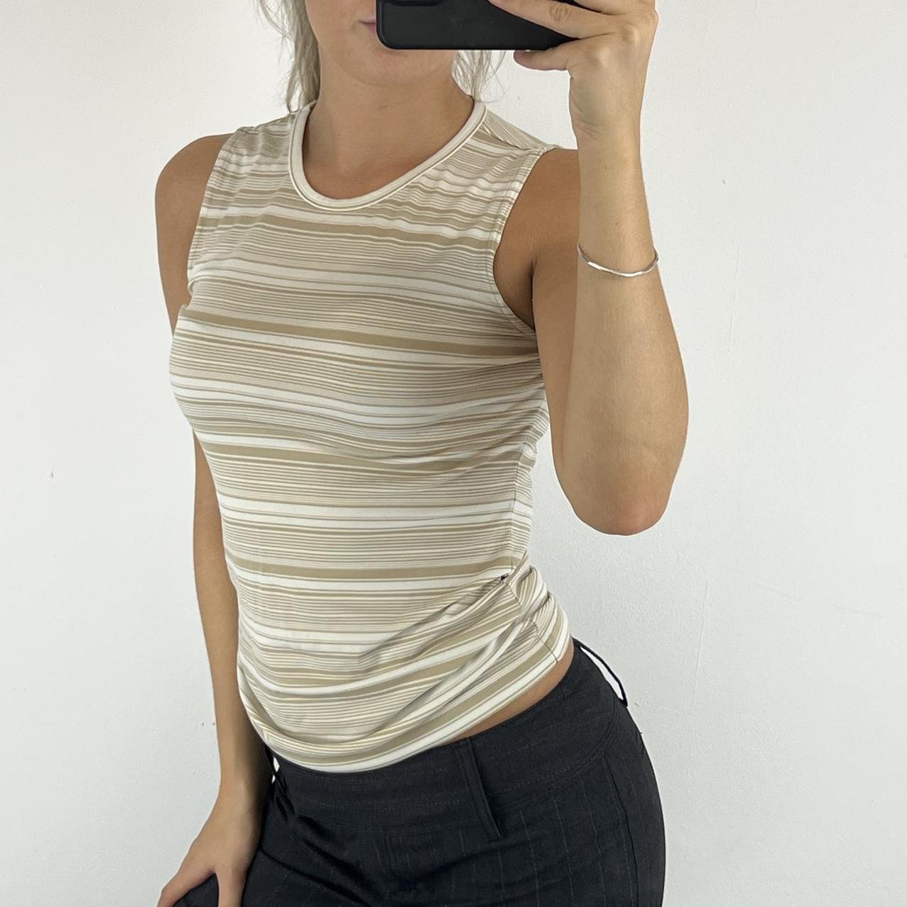 Cream and beige striped slinky tank top Model size... - Depop