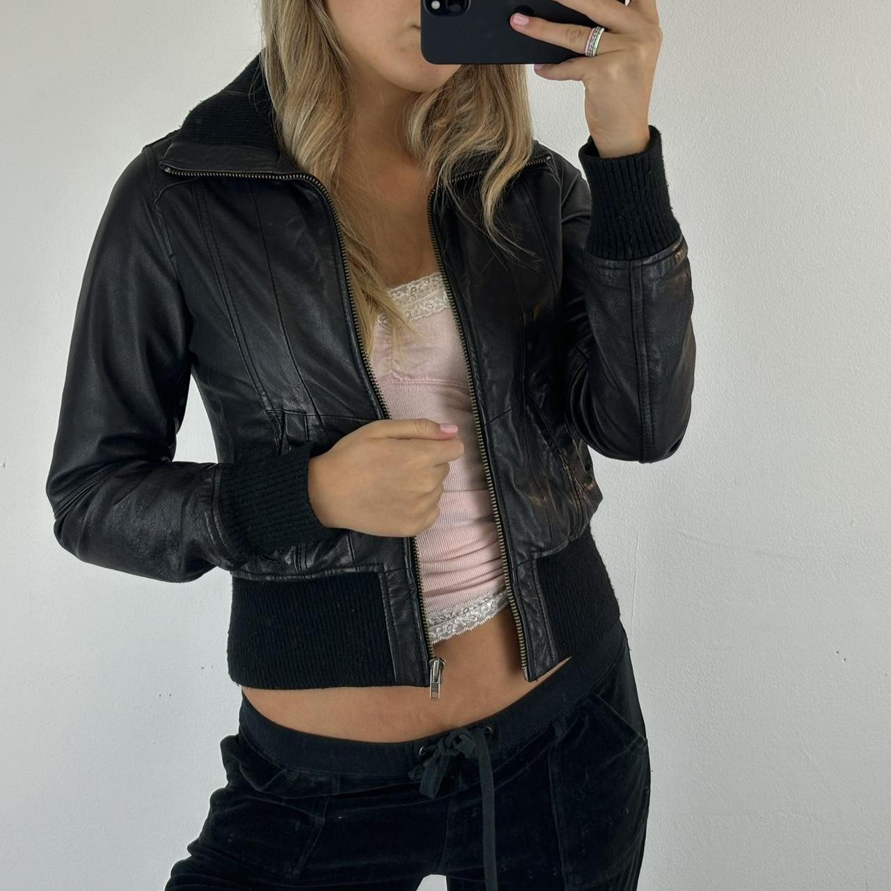 Black leather cropped jacket Model size 8 Y2K 90s 00s - Depop