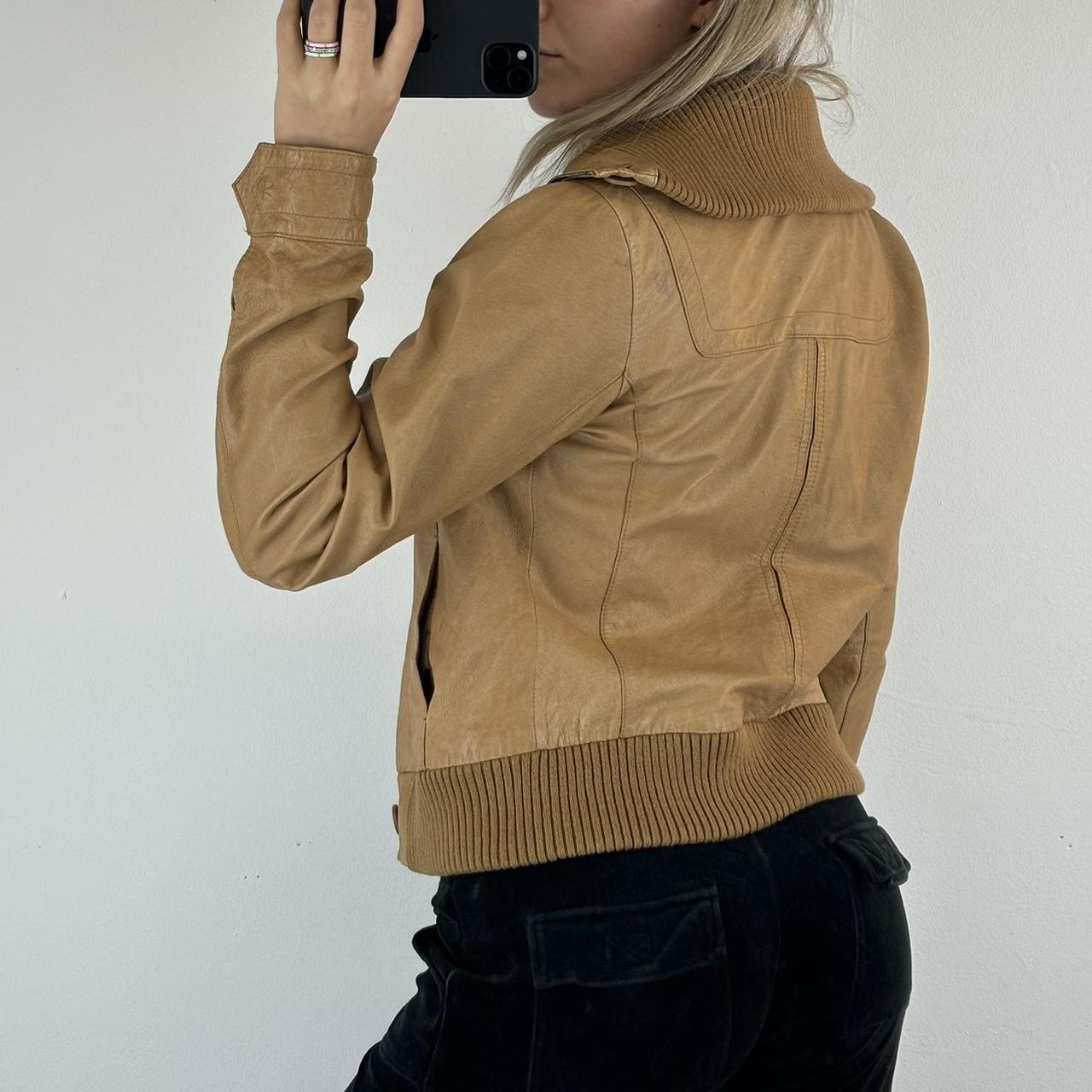 Mustard brown leather cropped jacket Model size 8... - Depop