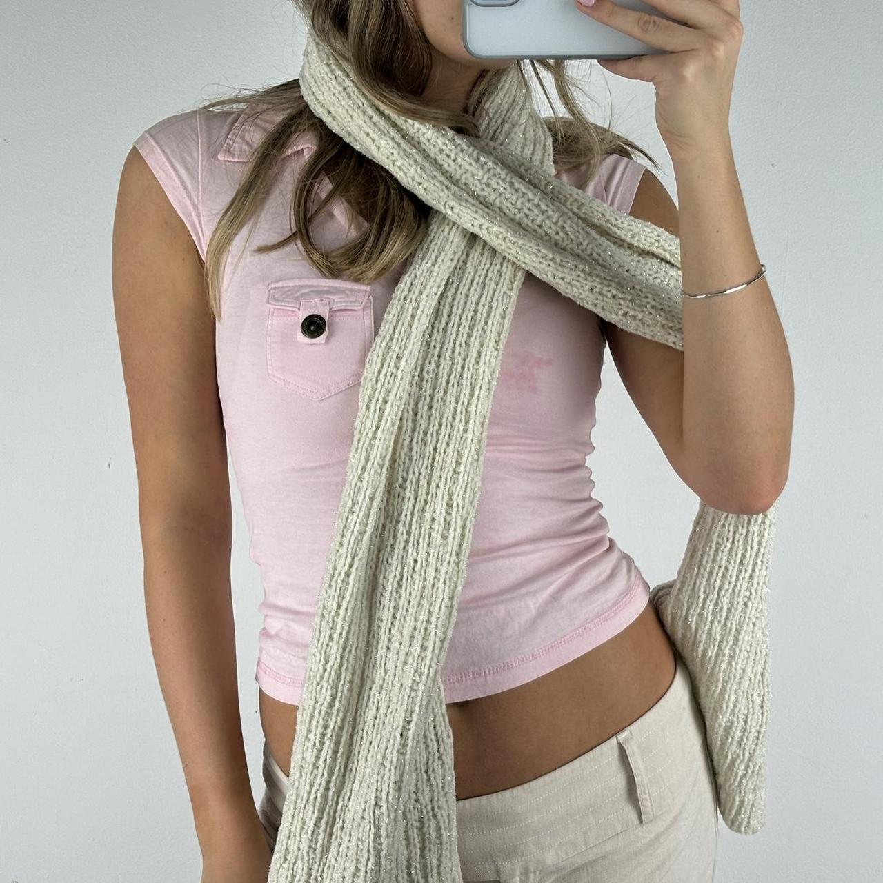 Cream and sparkle soft knit long skinny scarf Y2K - Depop