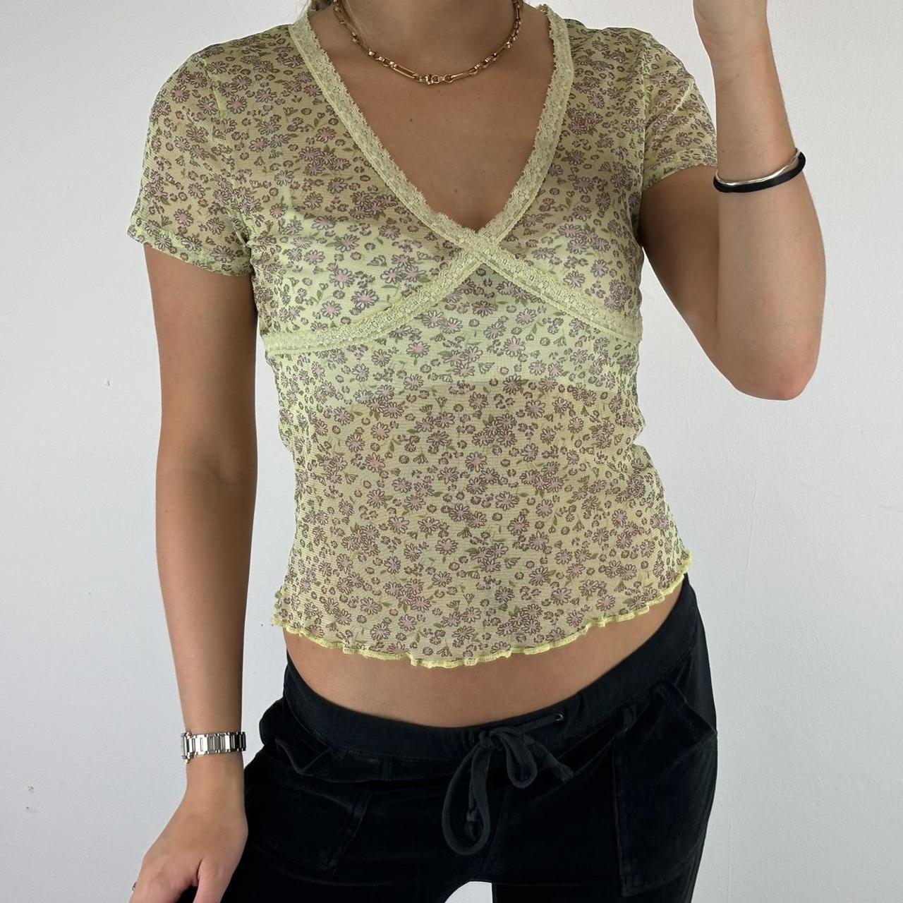 Micro mesh pale yellow floral top with lace trim,... - Depop