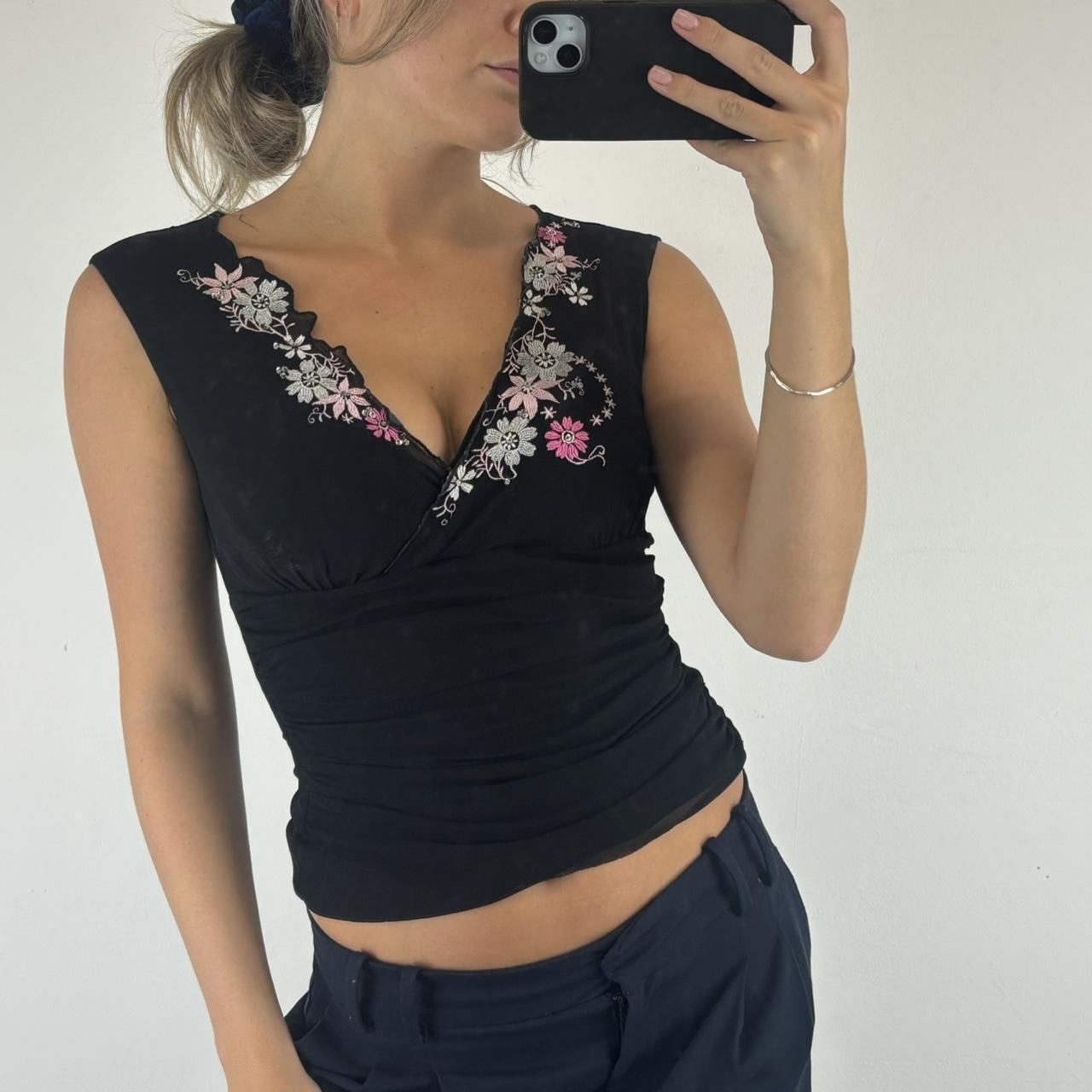 Black micro mesh rushed oasis tank top with floral... - Depop