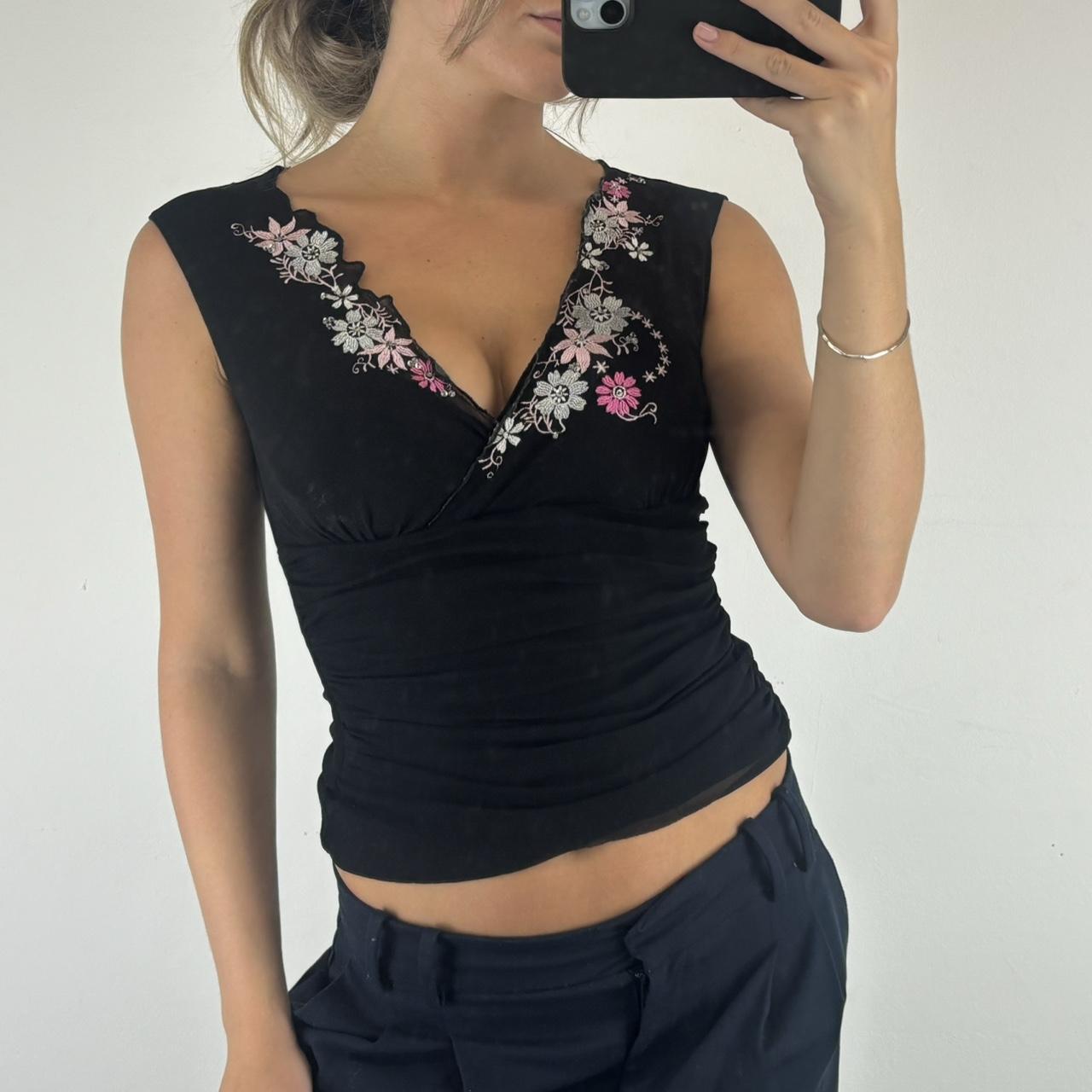 Black micro mesh rushed oasis tank top with floral... - Depop