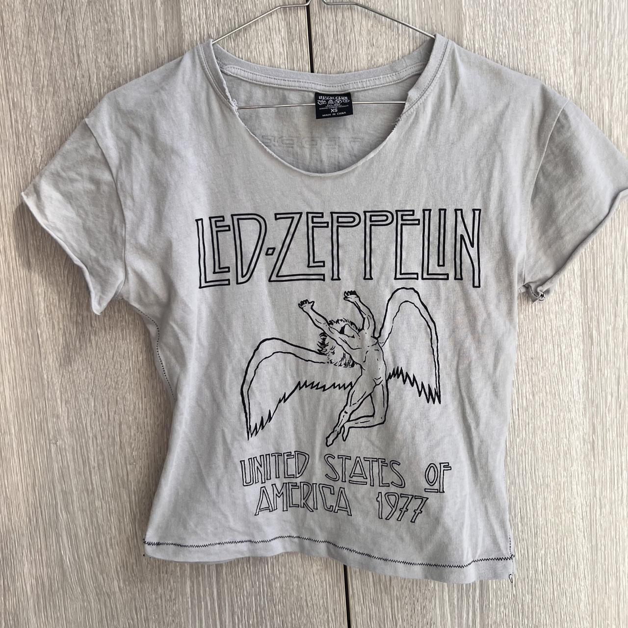 Grey Led Zeppelin baby tee, cropped with a rounded... | Depop