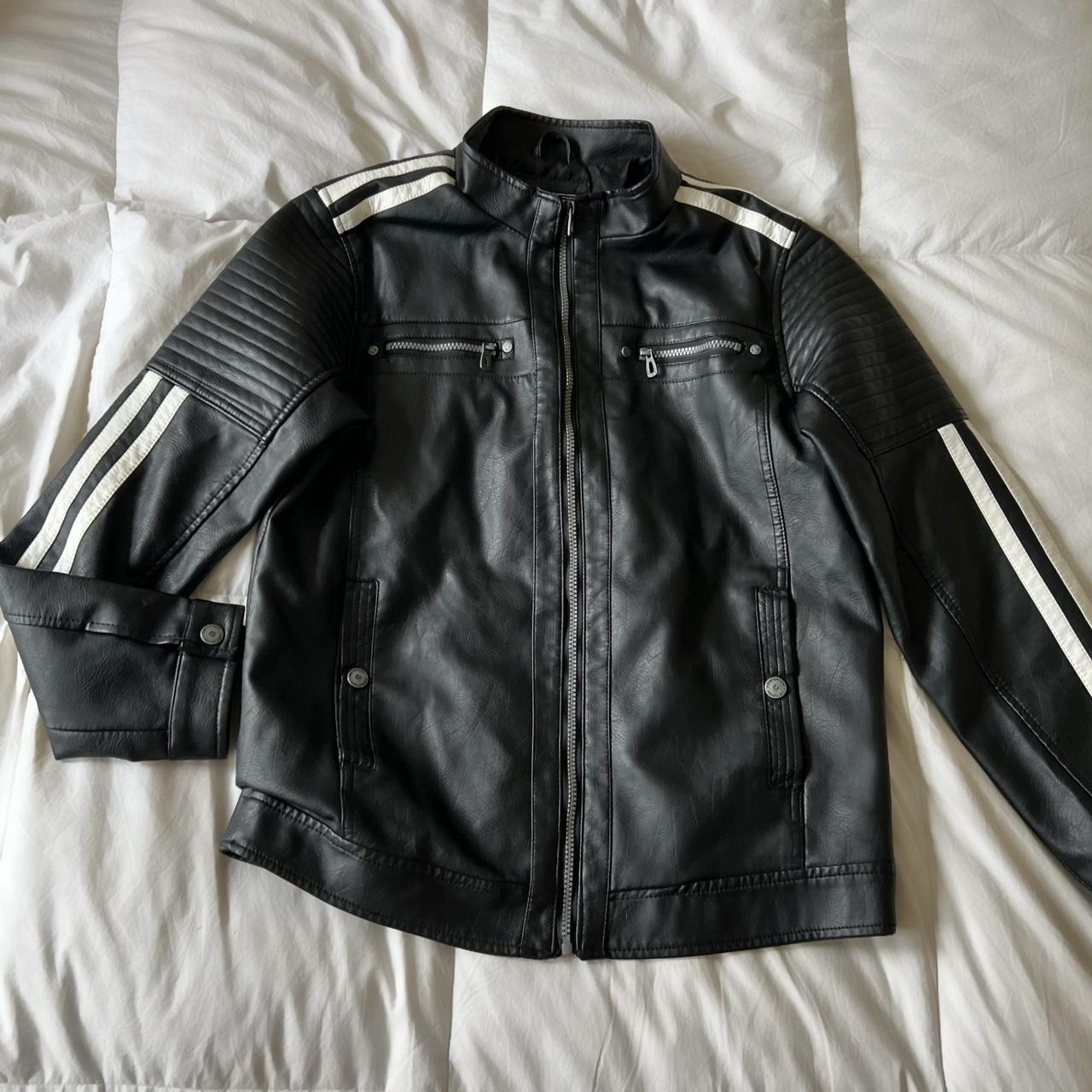 White Striped Motorcycle Jacket Distortion Brand... - Depop