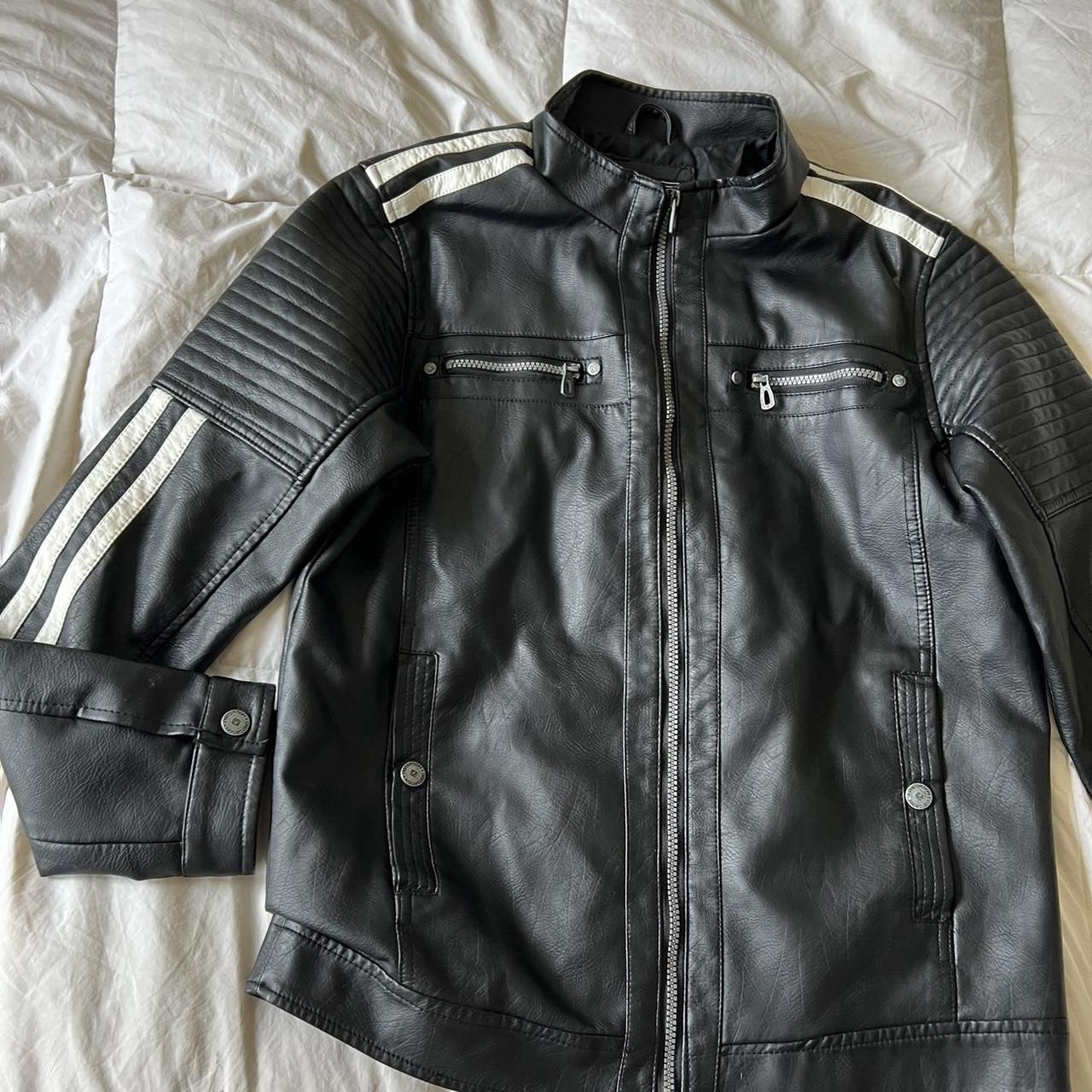 White Striped Motorcycle Jacket Distortion Brand... - Depop