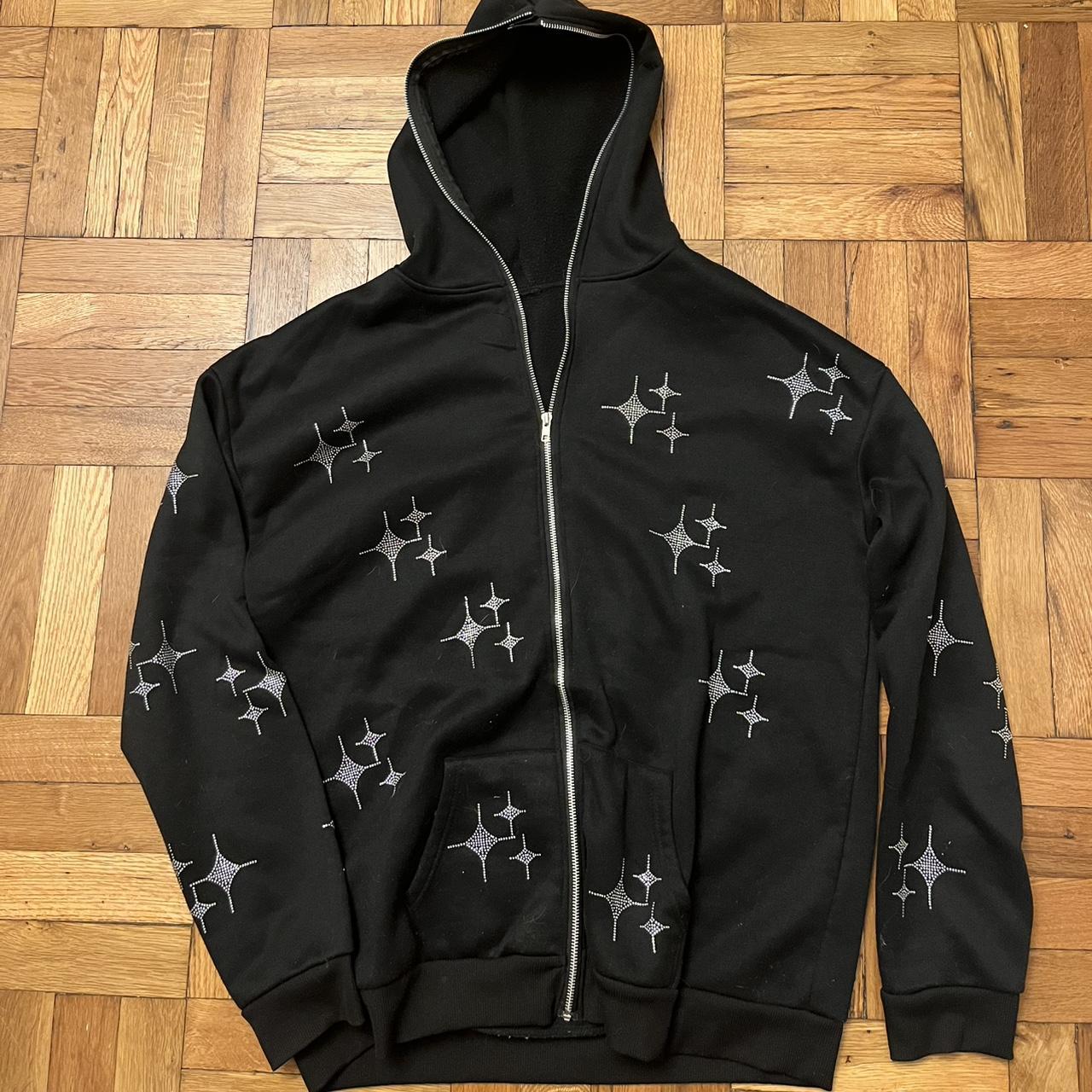 Black and silver bedazzled star full zip-up hoodie... | Depop