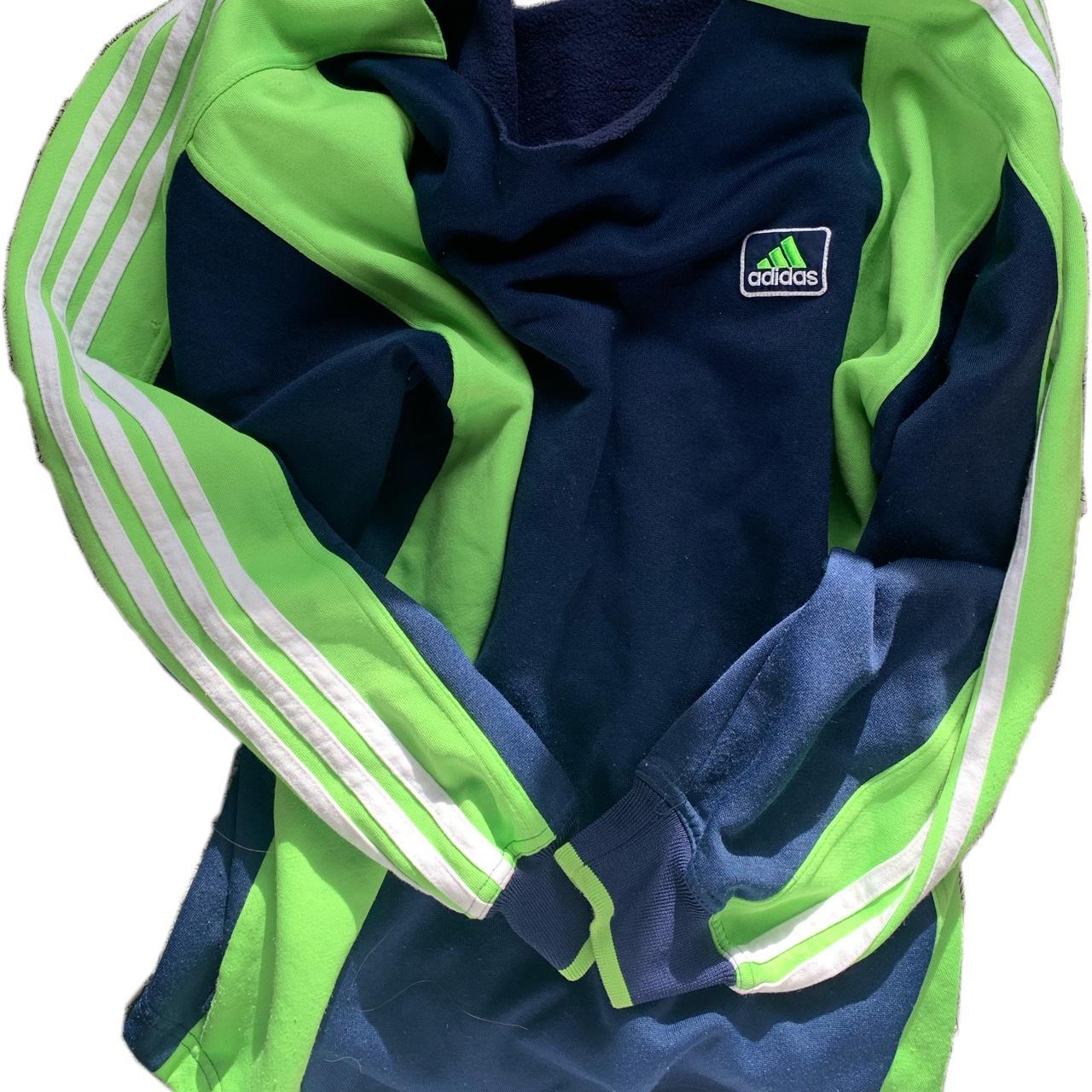 Open neck vintage adidas jumper navy and neon green... - Depop