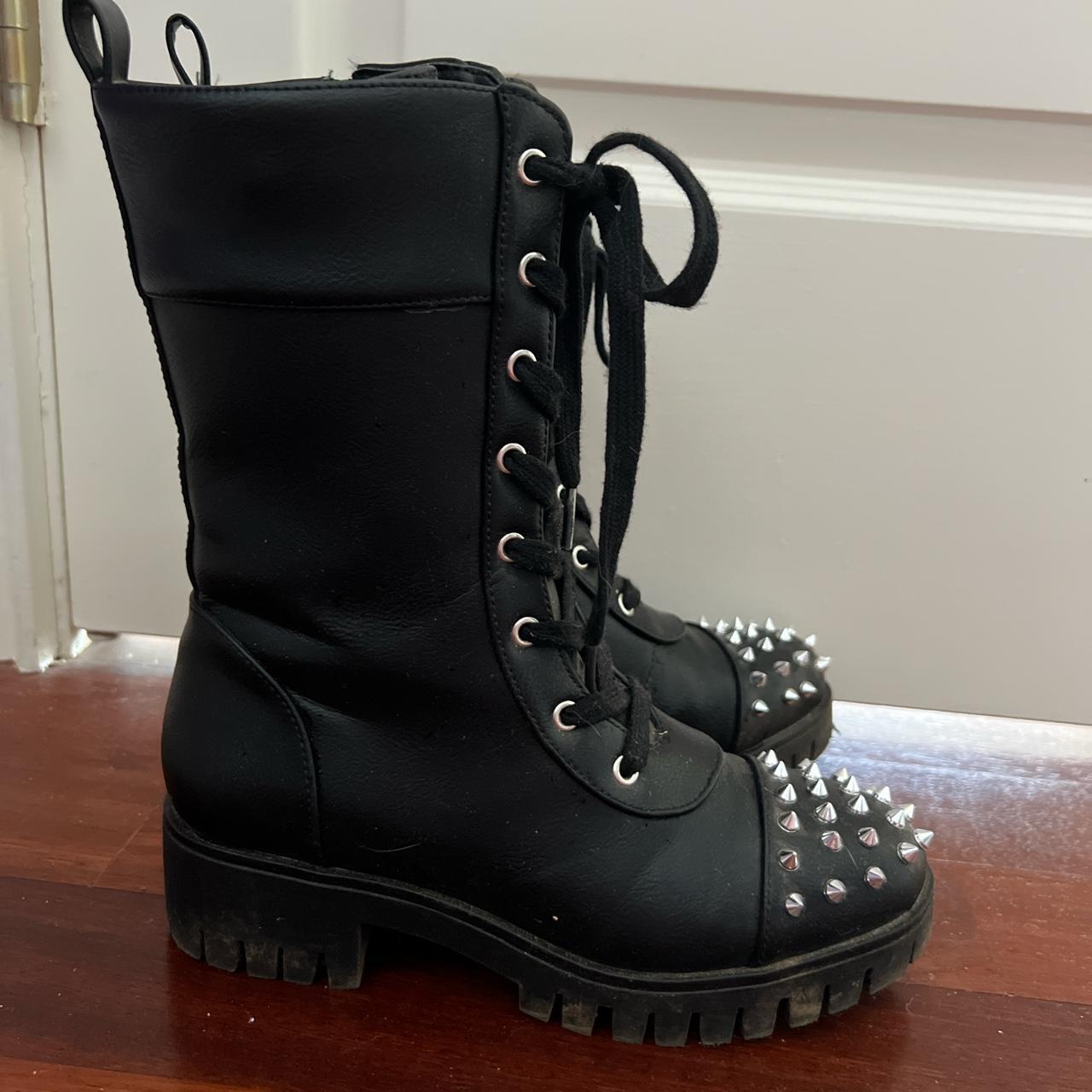 Black Patent Leather Combat Boots with Spikes... - Depop