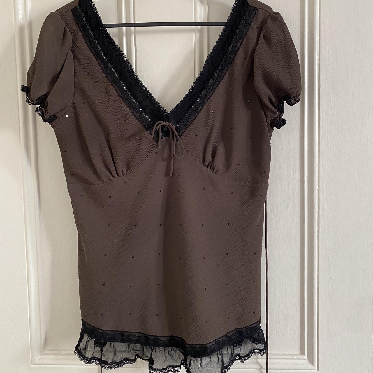 brown lacy top - gorgeous cut - lacy trimming -... - Depop
