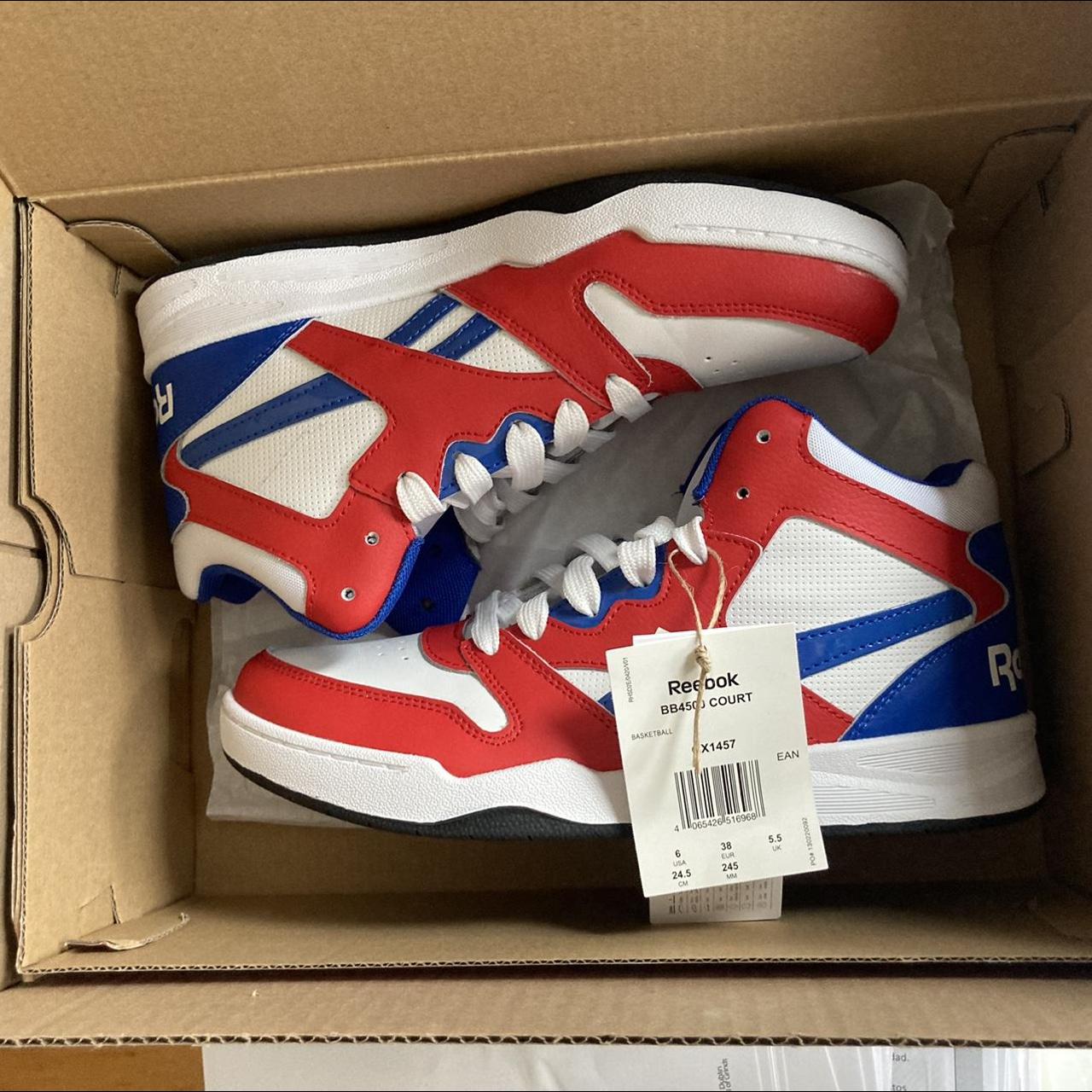 super cool high top blue white & red reebok BB4500... - Depop