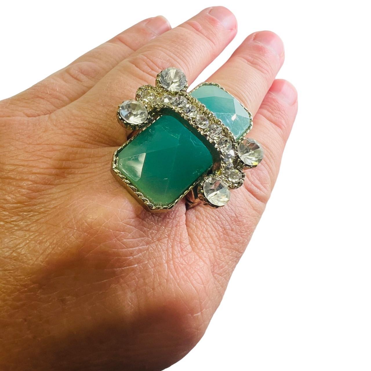 Vintage Gold-Tone Statement Ring With Green Gem &... - Depop