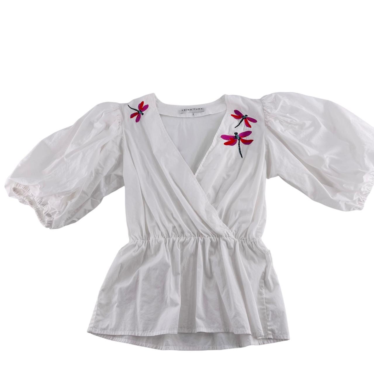 Trina Turk White Puff Sleeve Embroidered Blouse With... - Depop