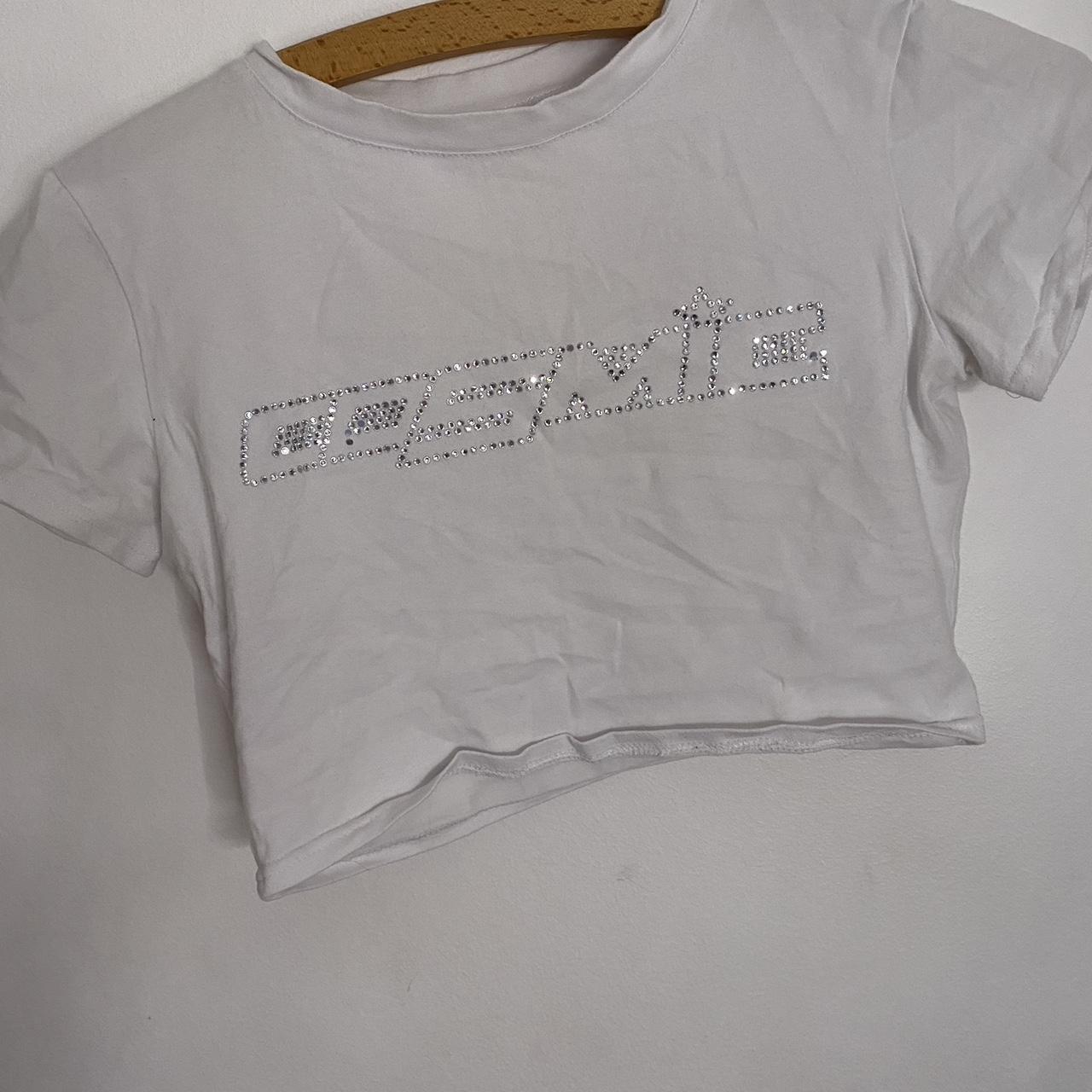 white rhinestone crop top white tee gems embroidered... - Depop