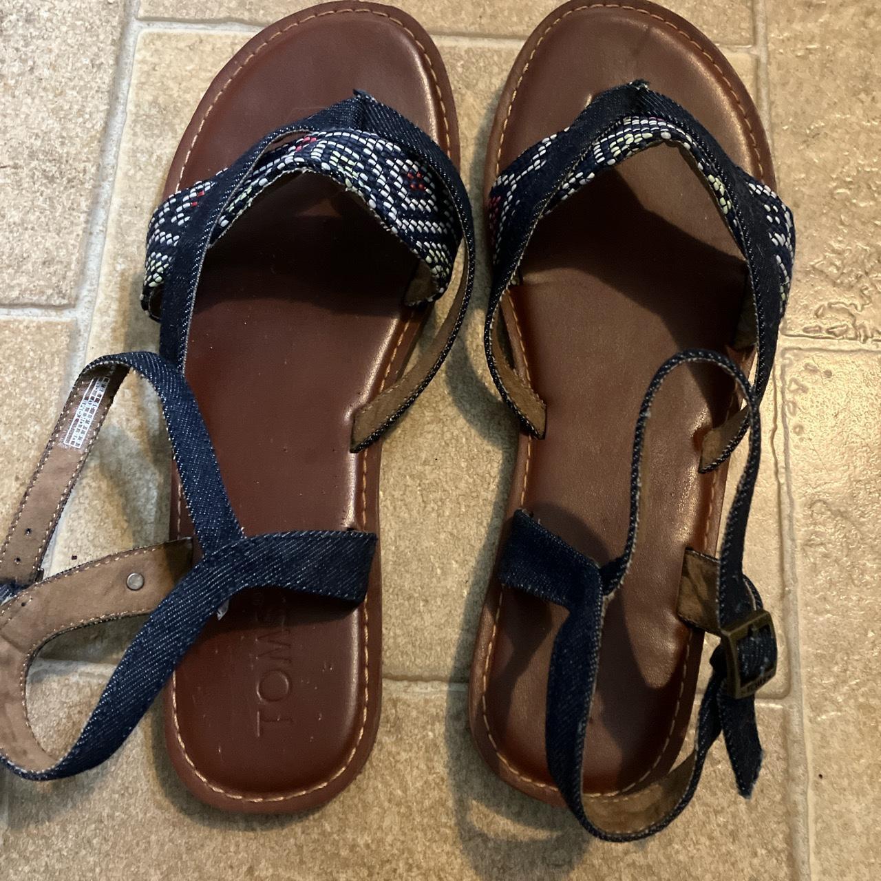 Tom’s denim sandal with leather footbed. Embroidered... - Depop