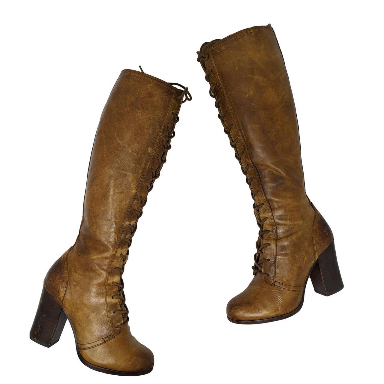 Frye Parker Tall Lace Up Zippered Leather Tan Boots Depop