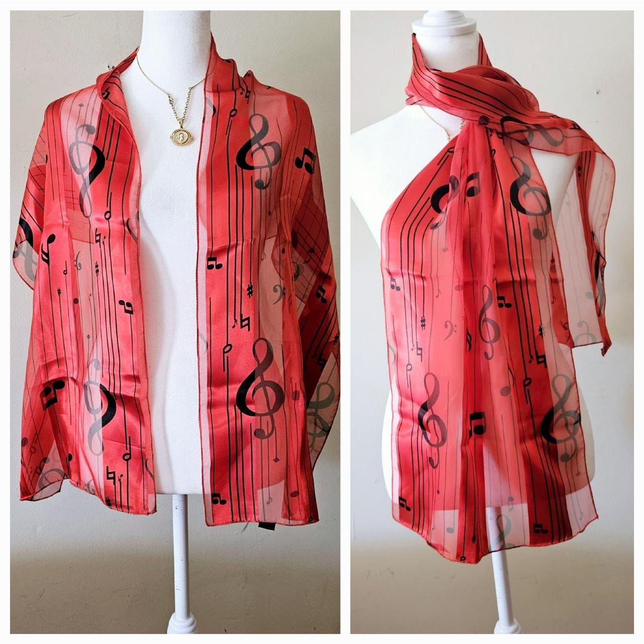 58"×13" Red Scarf with Black Musical Notes Design... - Depop