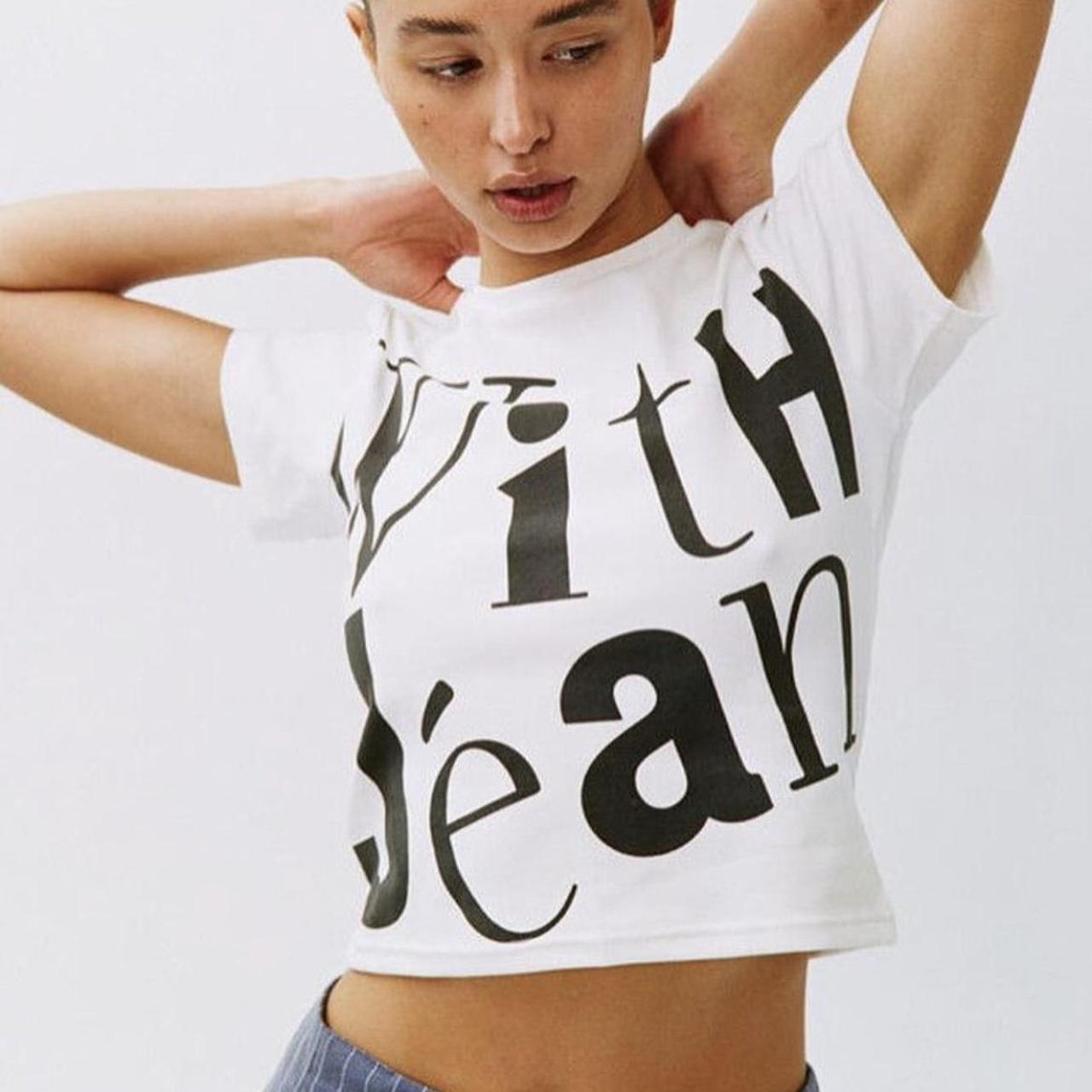 With jean logo text baby tee - Depop