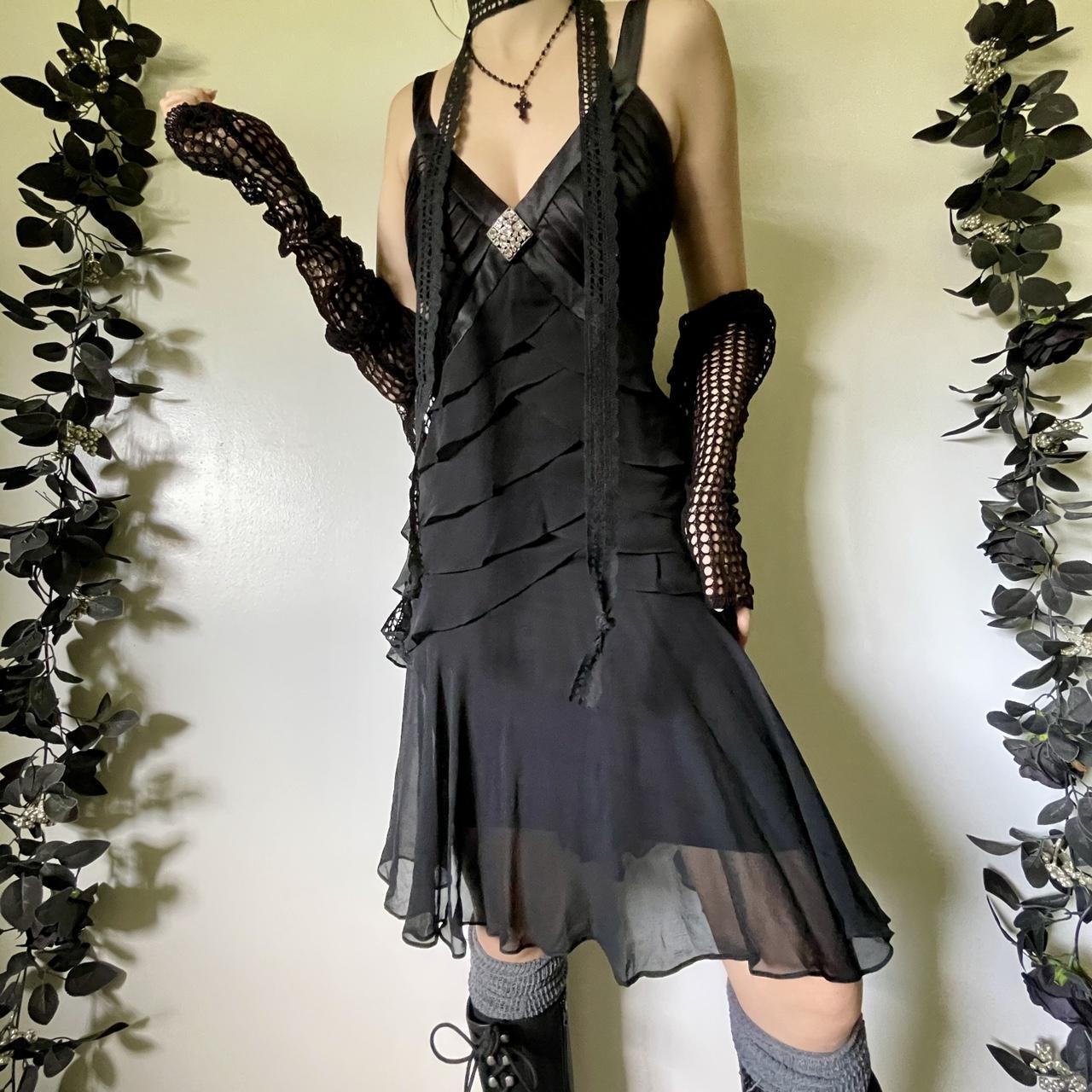 vintage goth vamp frill midi dress tiered skirt silk... - Depop