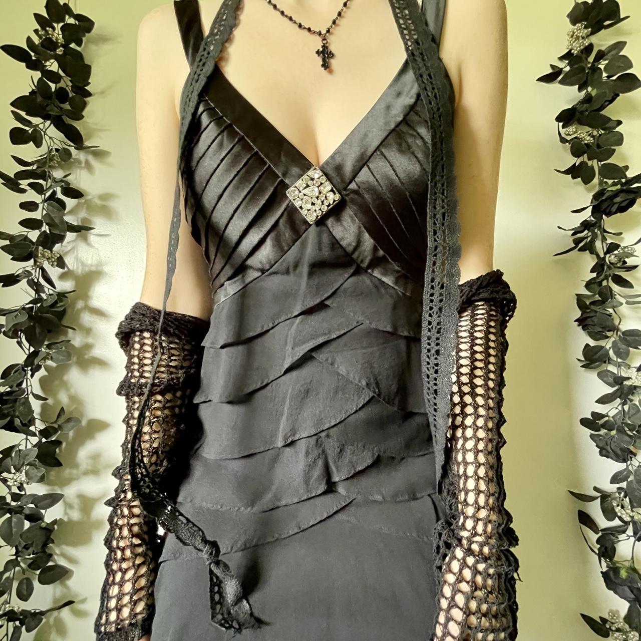 vintage goth vamp frill midi dress tiered skirt silk... - Depop