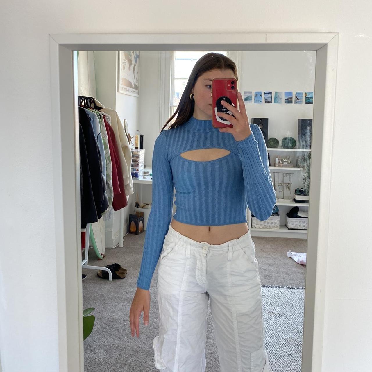 Urban Outfitters long sleeved blue cut out top, Size... - Depop
