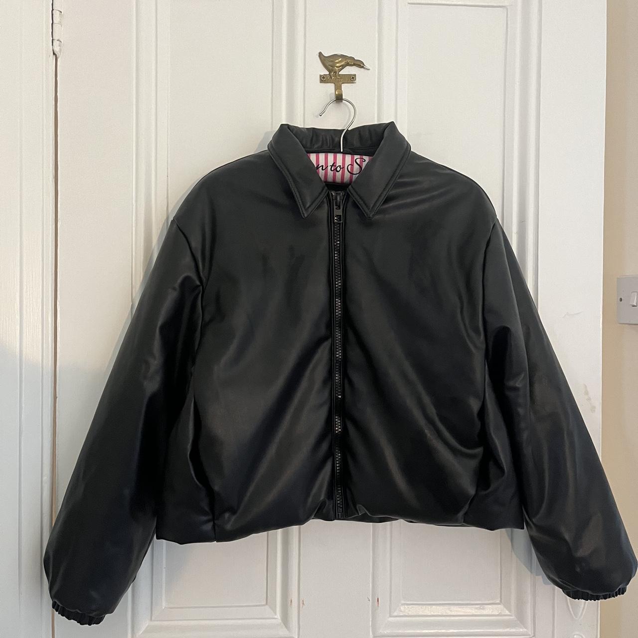 Black puffer leather style jacket with zipper and... - Depop