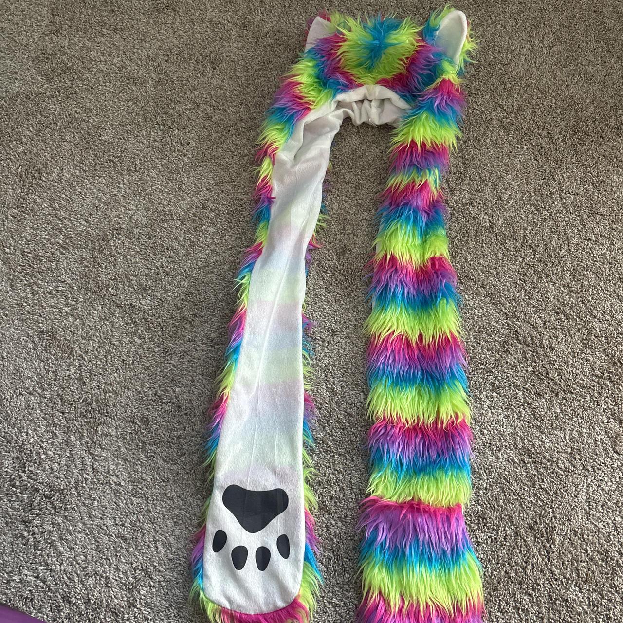 rave long fur rainbow ravecore ears hooded... | Depop