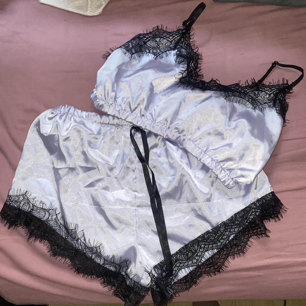 silk lilac and black lace pyjama set, worn once... - Depop